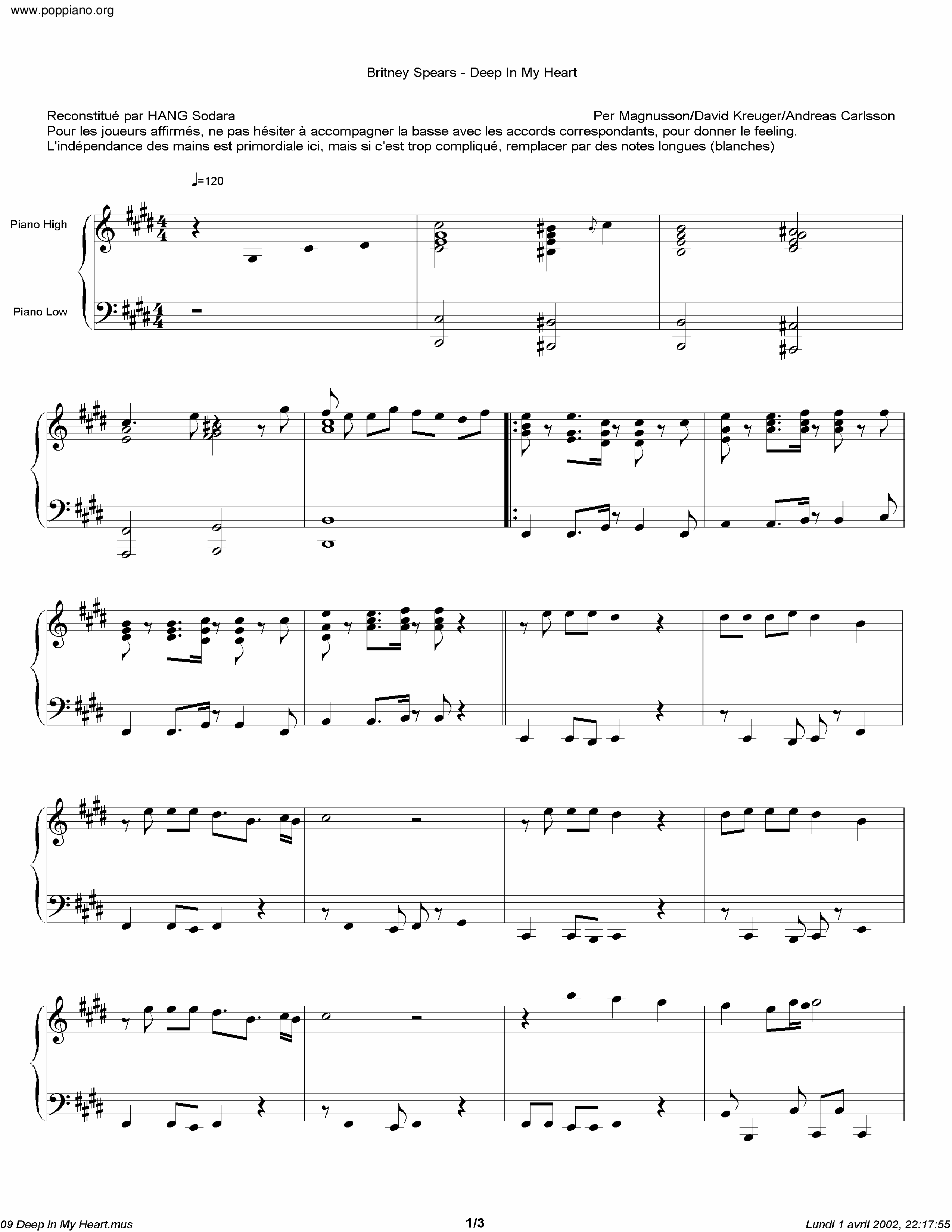 Britney Spears Deep In My Heart Sheet Music Pdf Free Score Download ★