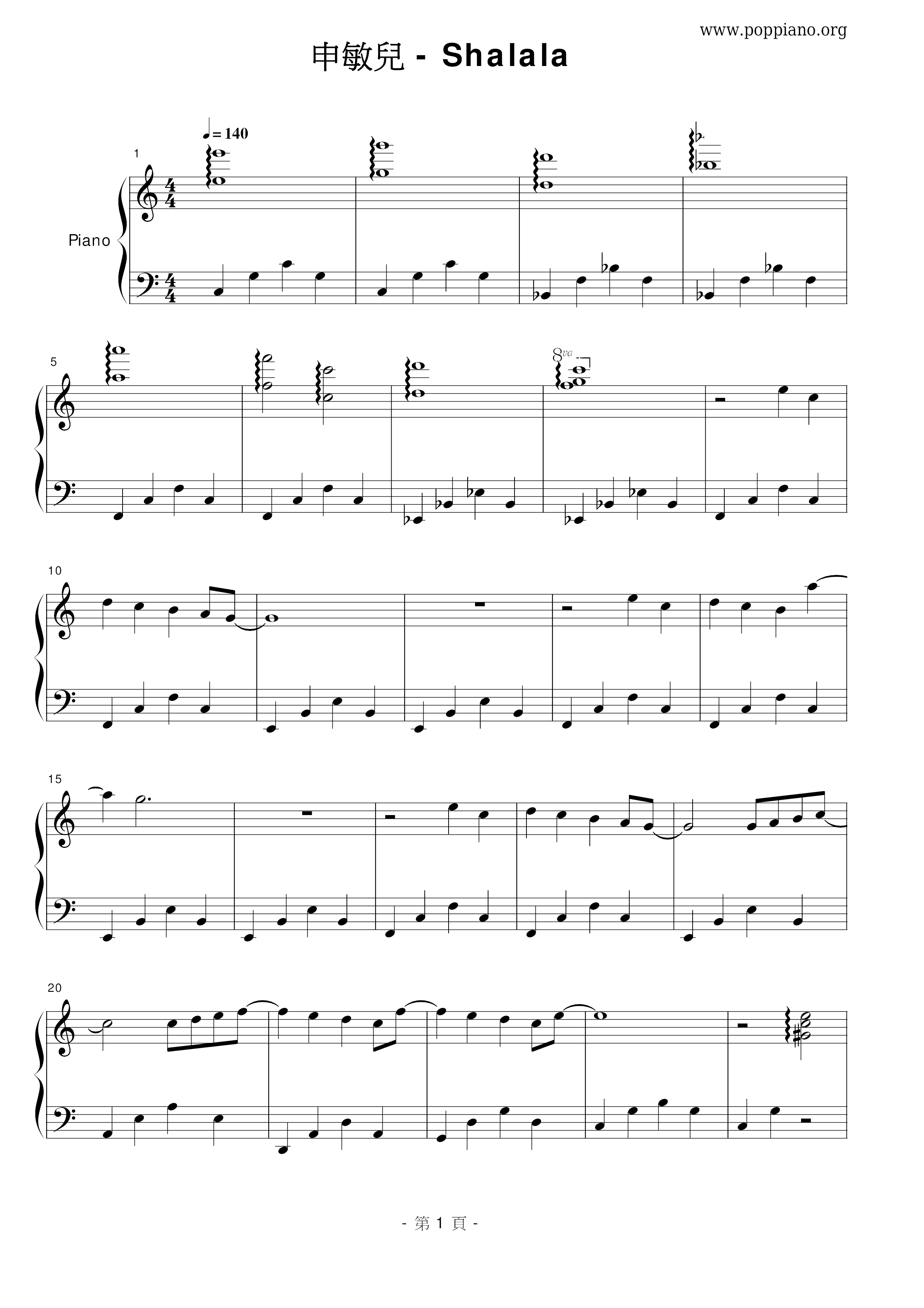 ★ 申敏兒-Shalala Sheet Music pdf, - Free Score Download