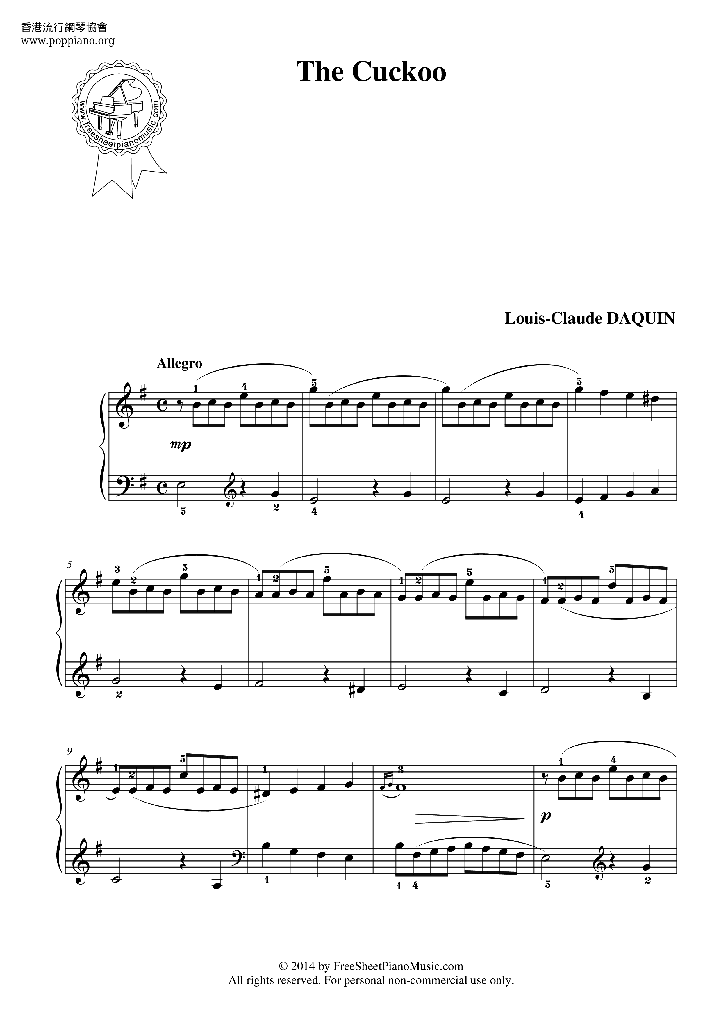 Louis-Claude Daquin-The Cuckoo 琴譜pdf-香港流行鋼琴協會琴譜下載 ★
