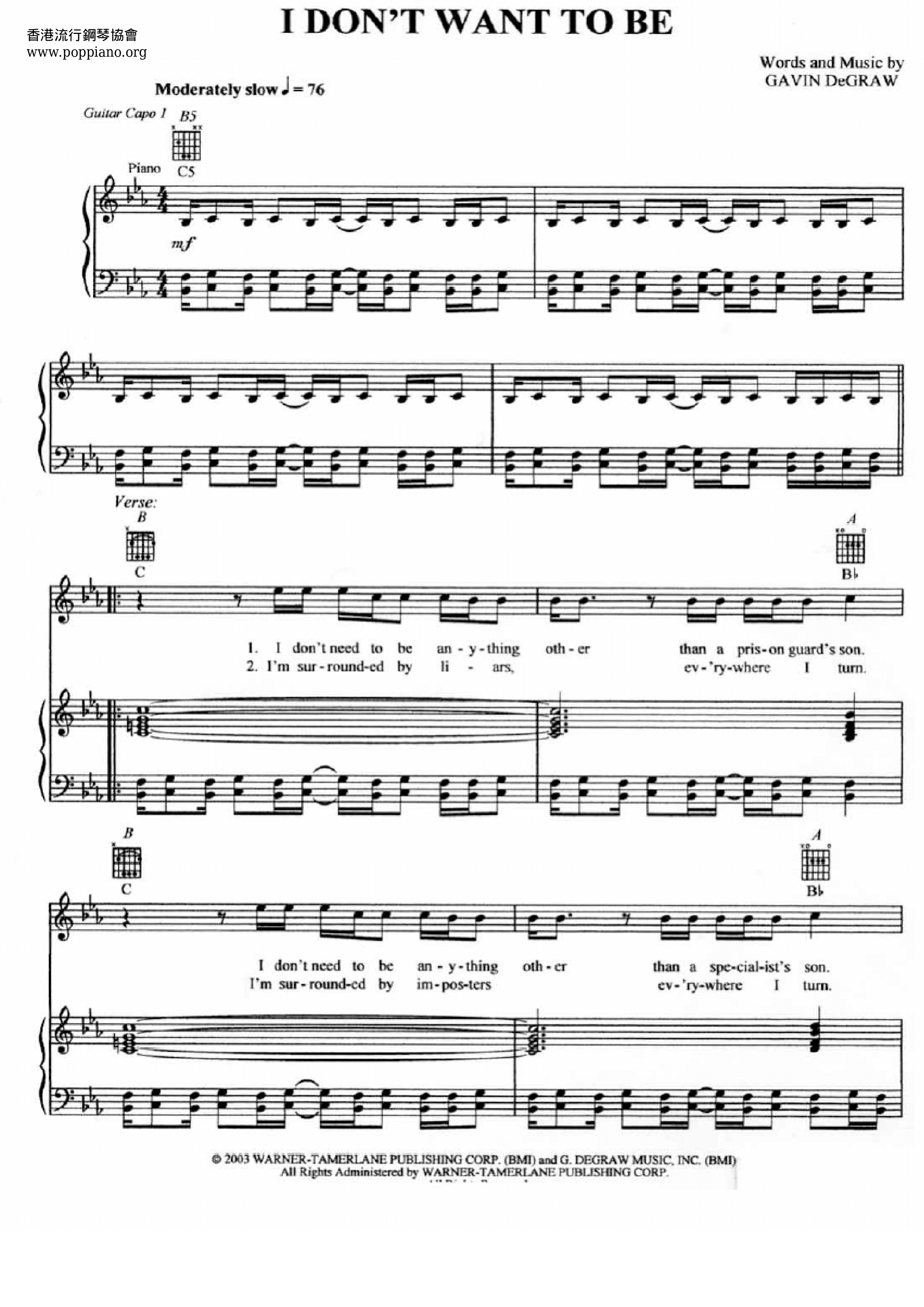 Gavin Degraw I Don t Want To Be Sheet Music Pdf Free Score Download 