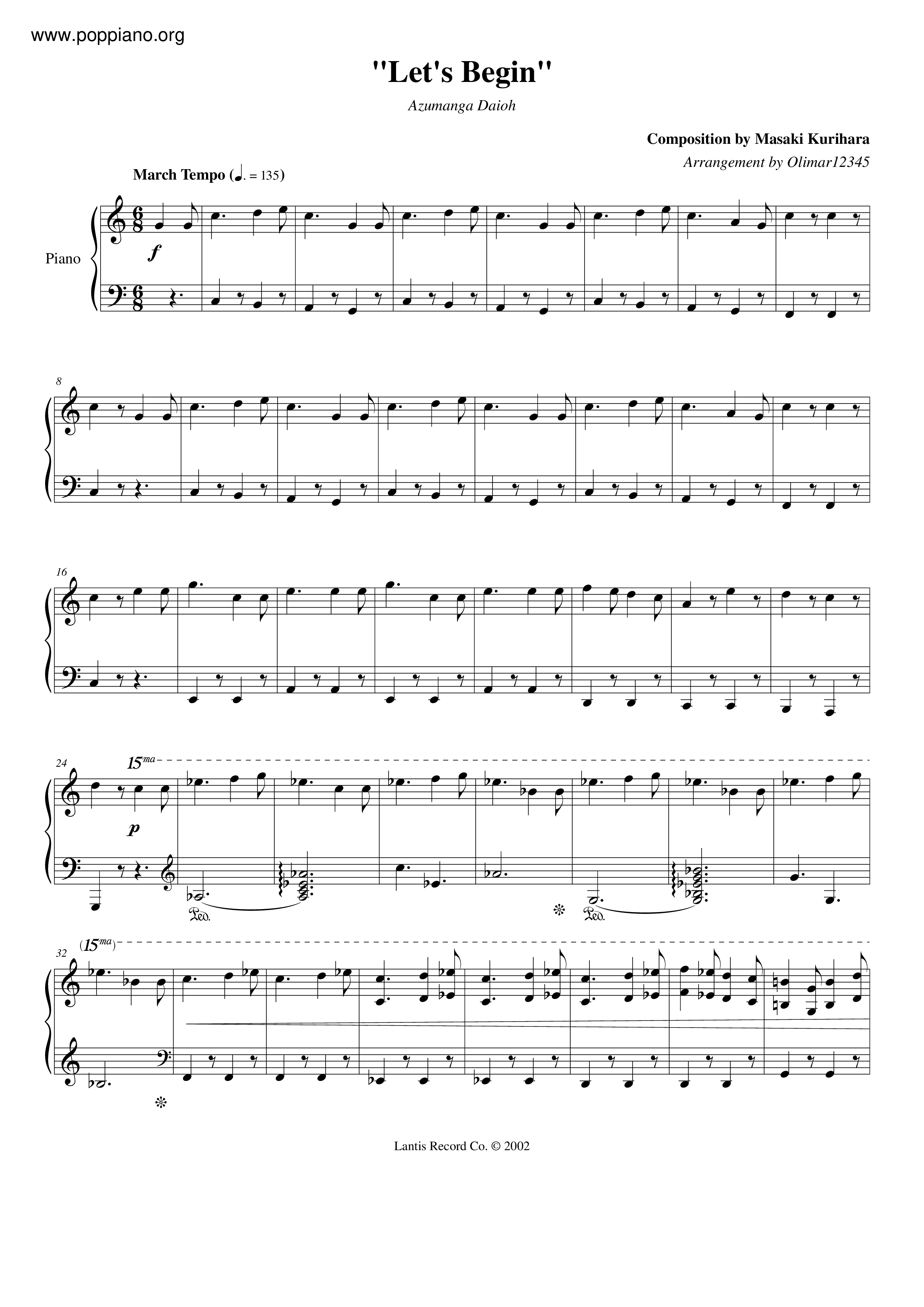 ★あずまんが大王 - Let's Begin ピアノ譜pdf- 香港ポップピアノ協会 無料PDF楽譜ダウンロード gakufu