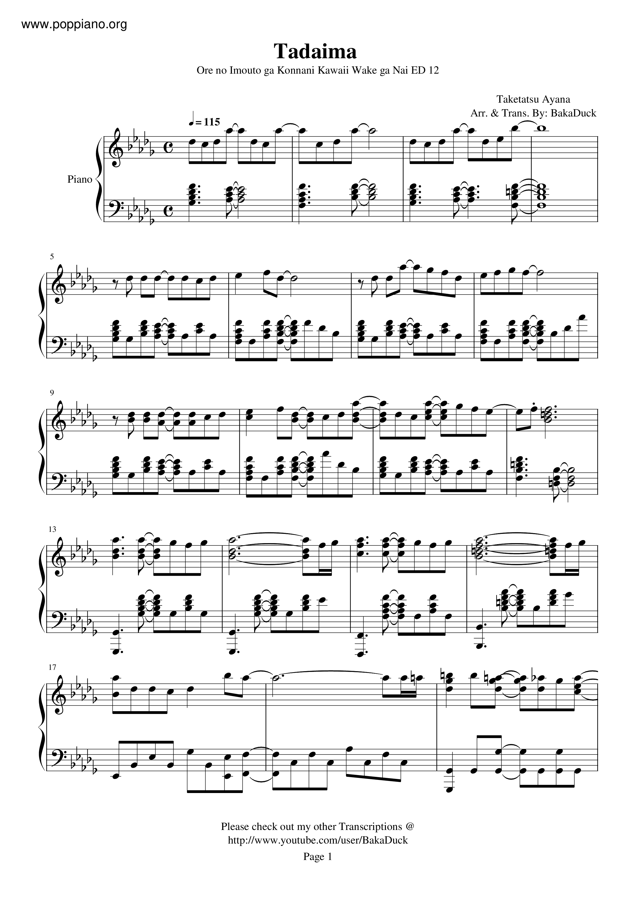 Ore No Imouto Ga Konanni Kawaii Wake Ga Nai-Tadaima Sheet Music pdf ...