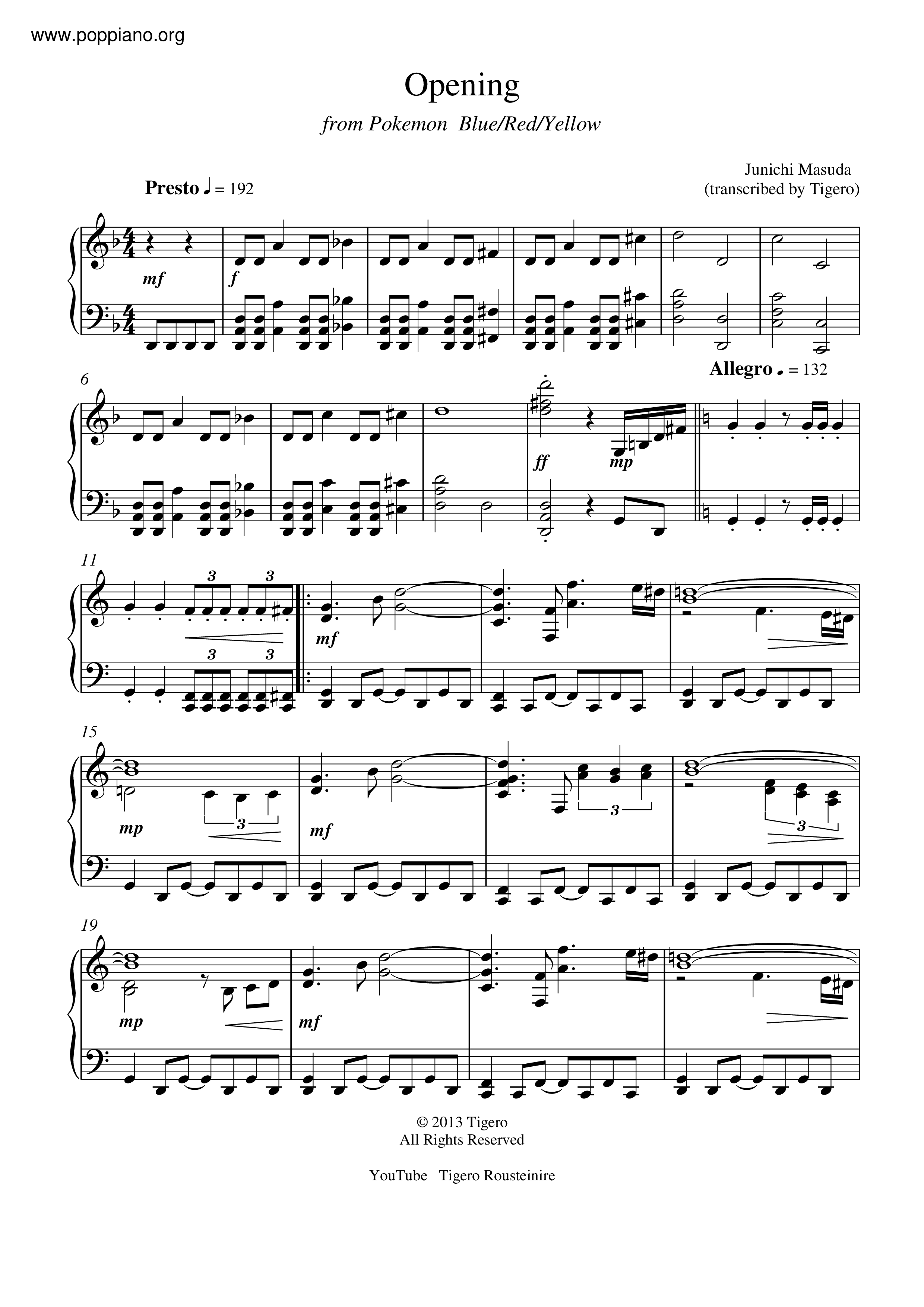 Pokémon Red and Blue-Opening Sheet Music pdf, - Free Score Download ★
