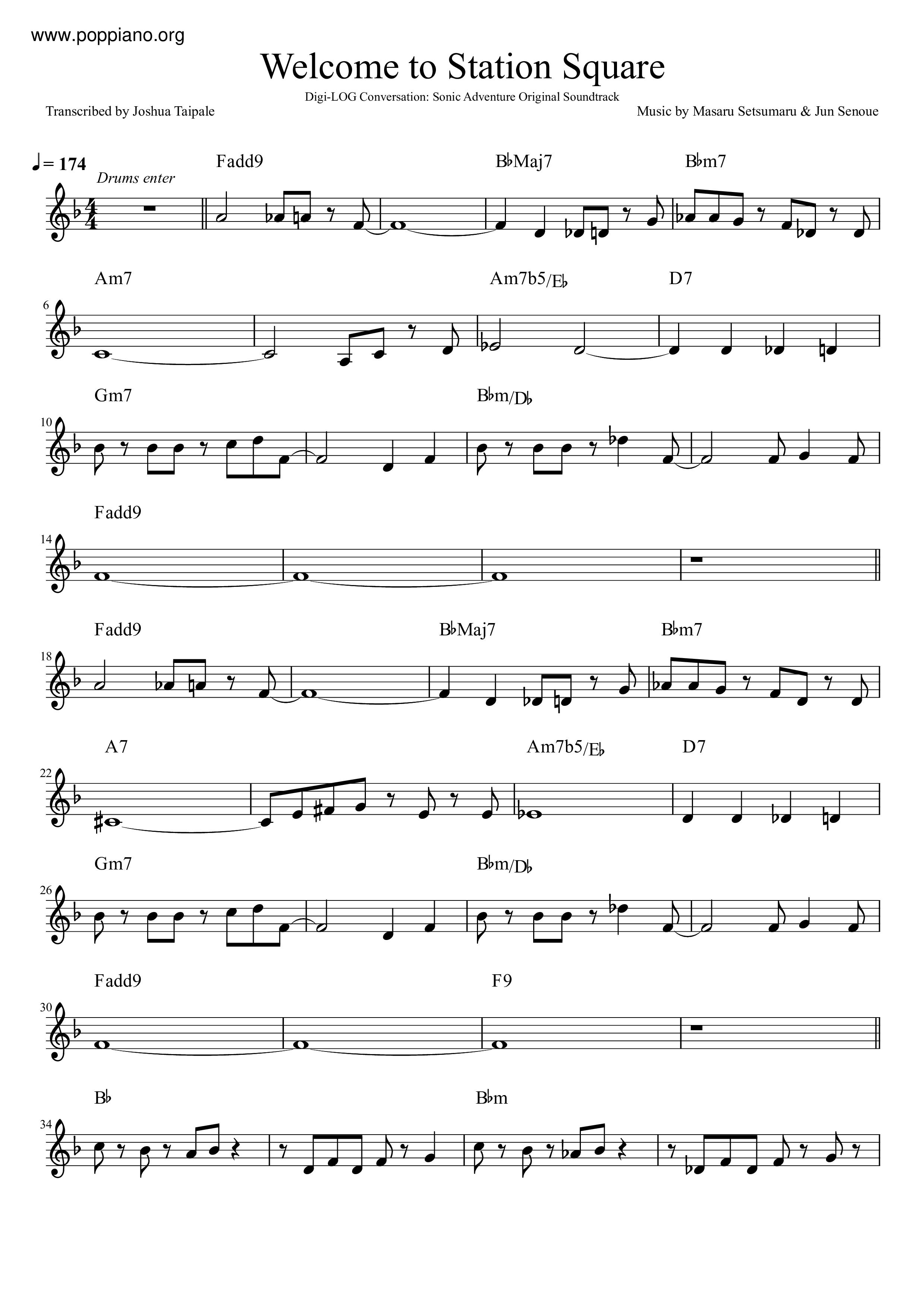 Sonic Adventure-Welcome To Station Square Sheet Music pdf, -ウェルカム・トゥ ...