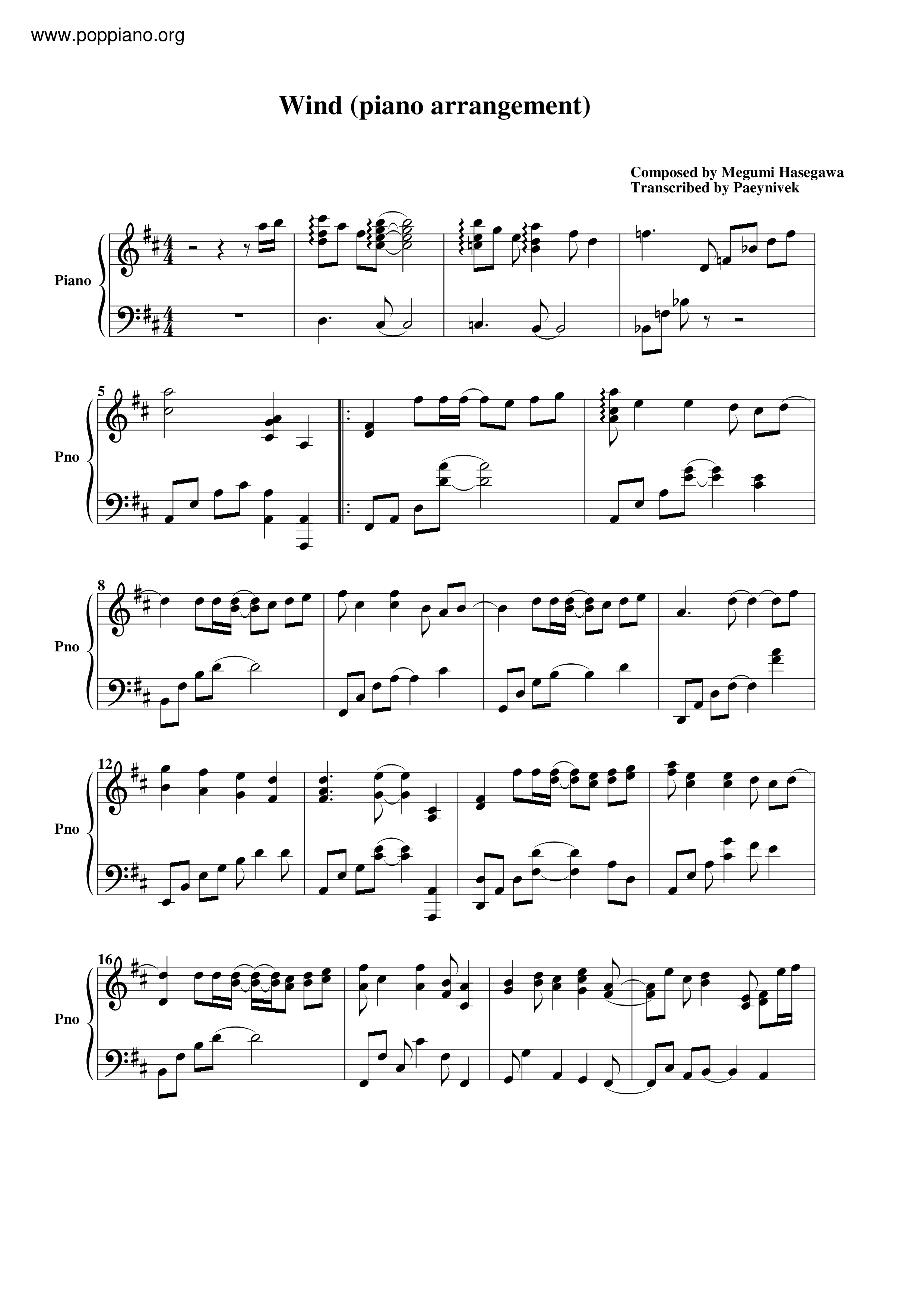 Wind -A Breath Of Heart--Wind - Piano Arrangement Sheet Music pdf ...
