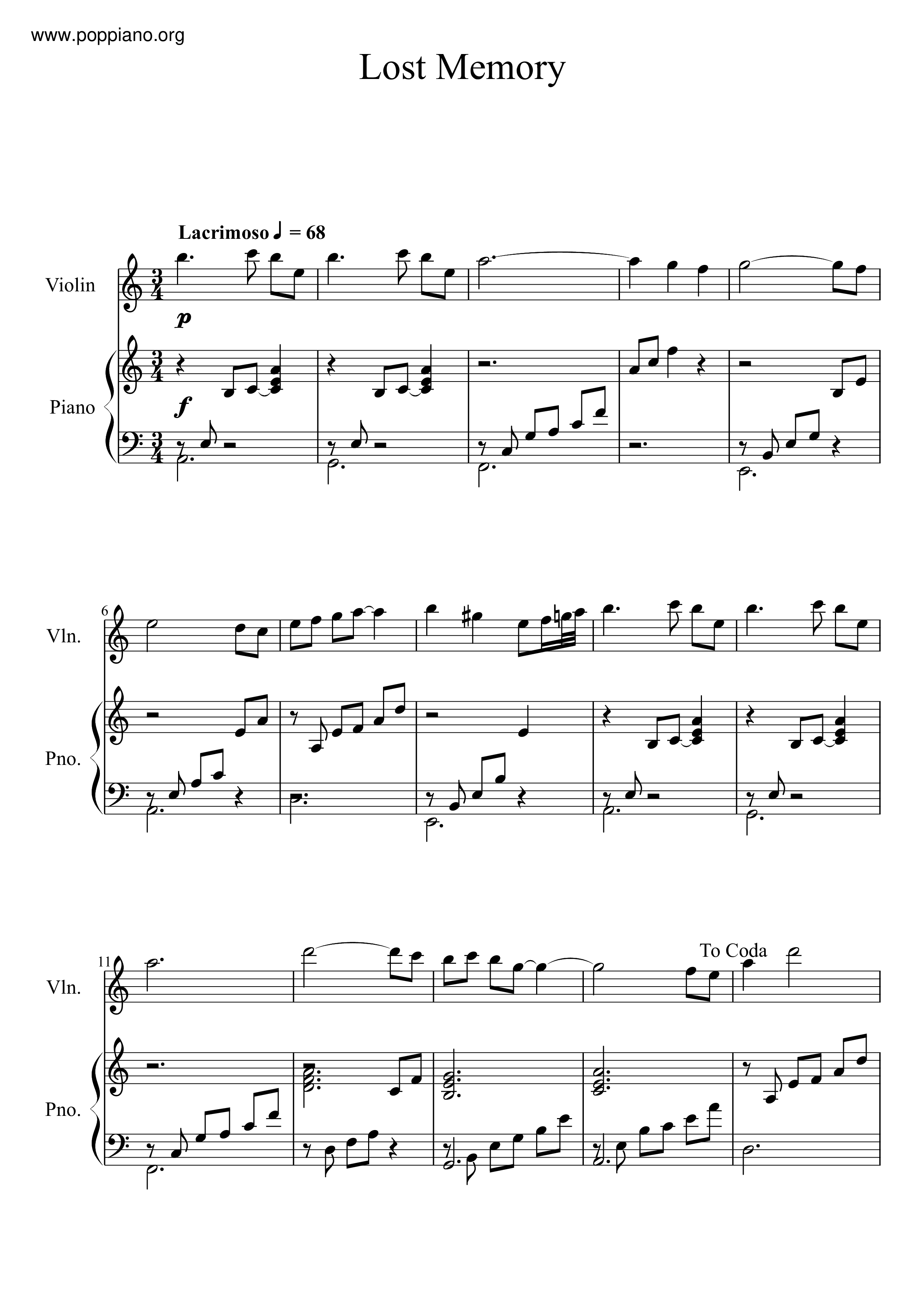 Lost Memory | Sheet Music | Piano Score Free PDF Download | POPPIANO.ORG