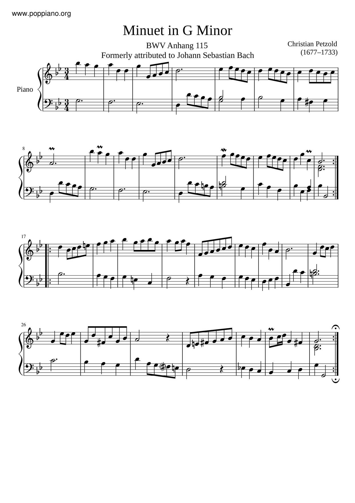 Christian Petzold-Minuet Bwv Anhang 115 In G Minor Sheet Music pdf, - Free Score Download ★