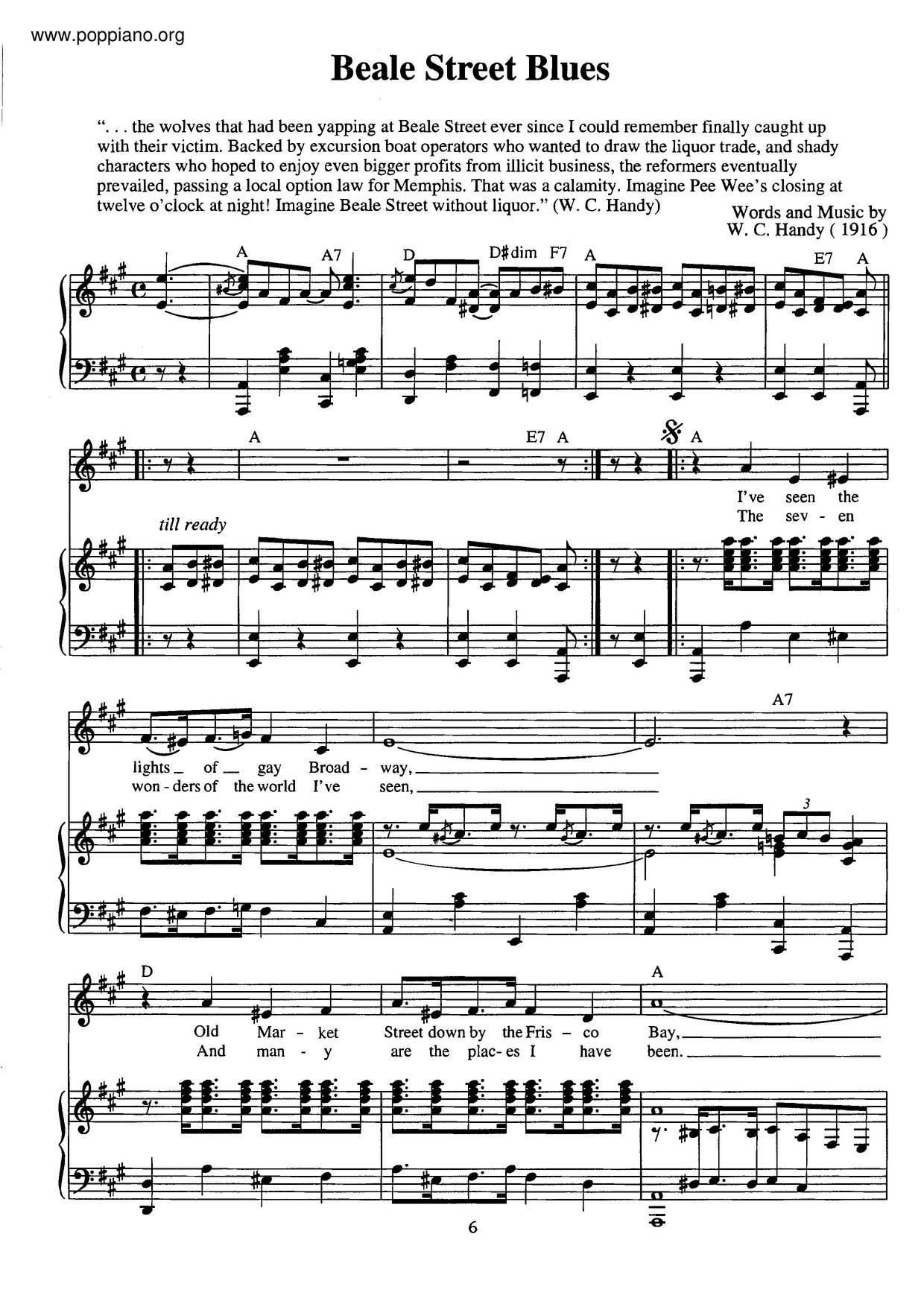 ★W.C. Handy - Beale Street Blues ピアノ譜pdf- 香港ポップピアノ協会 無料PDF楽譜ダウンロード gakufu