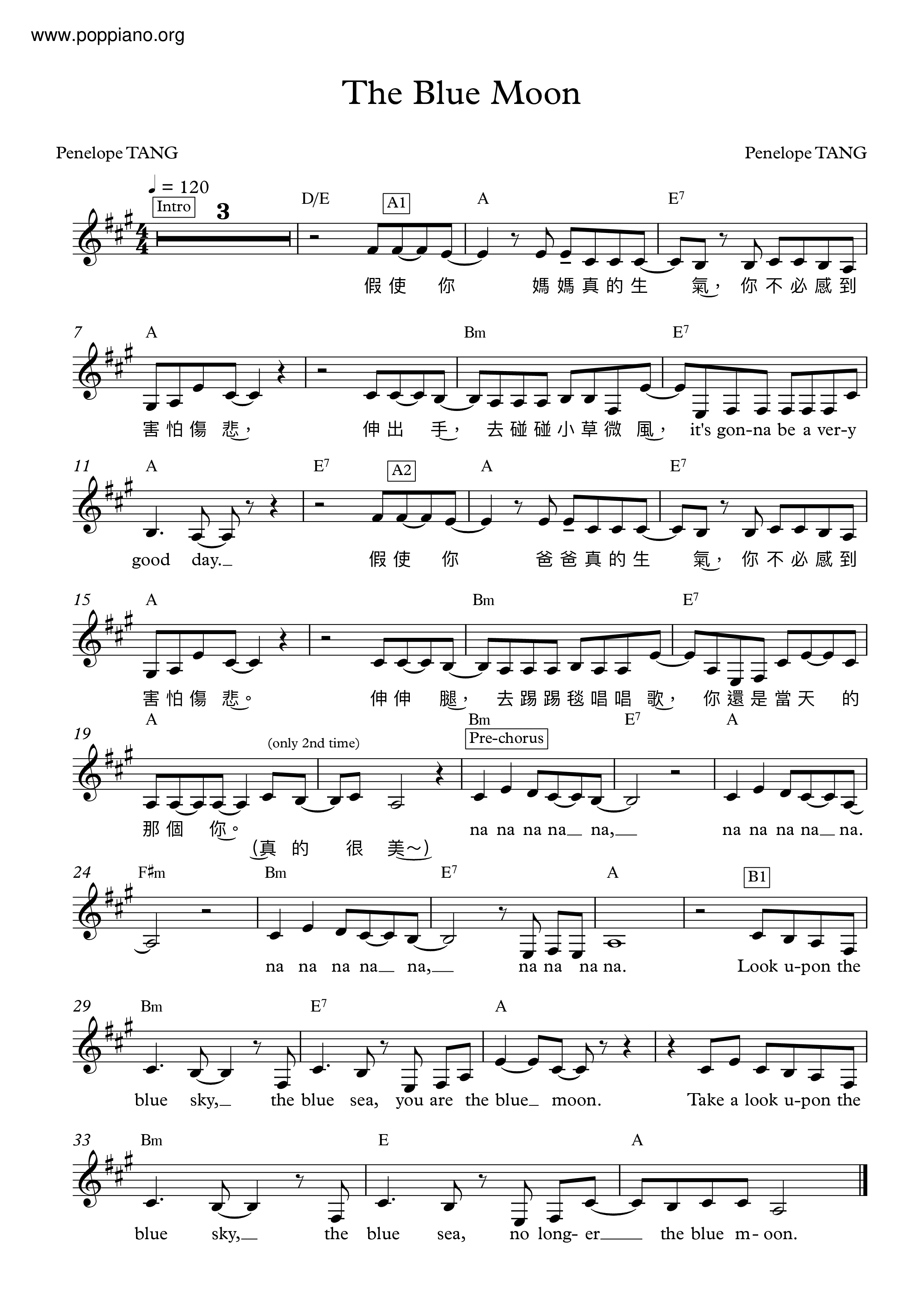 Penelope Tang-The Blue Moon Sheet Music pdf, -ザ ブルー ムーン 악보 - Free Score ...
