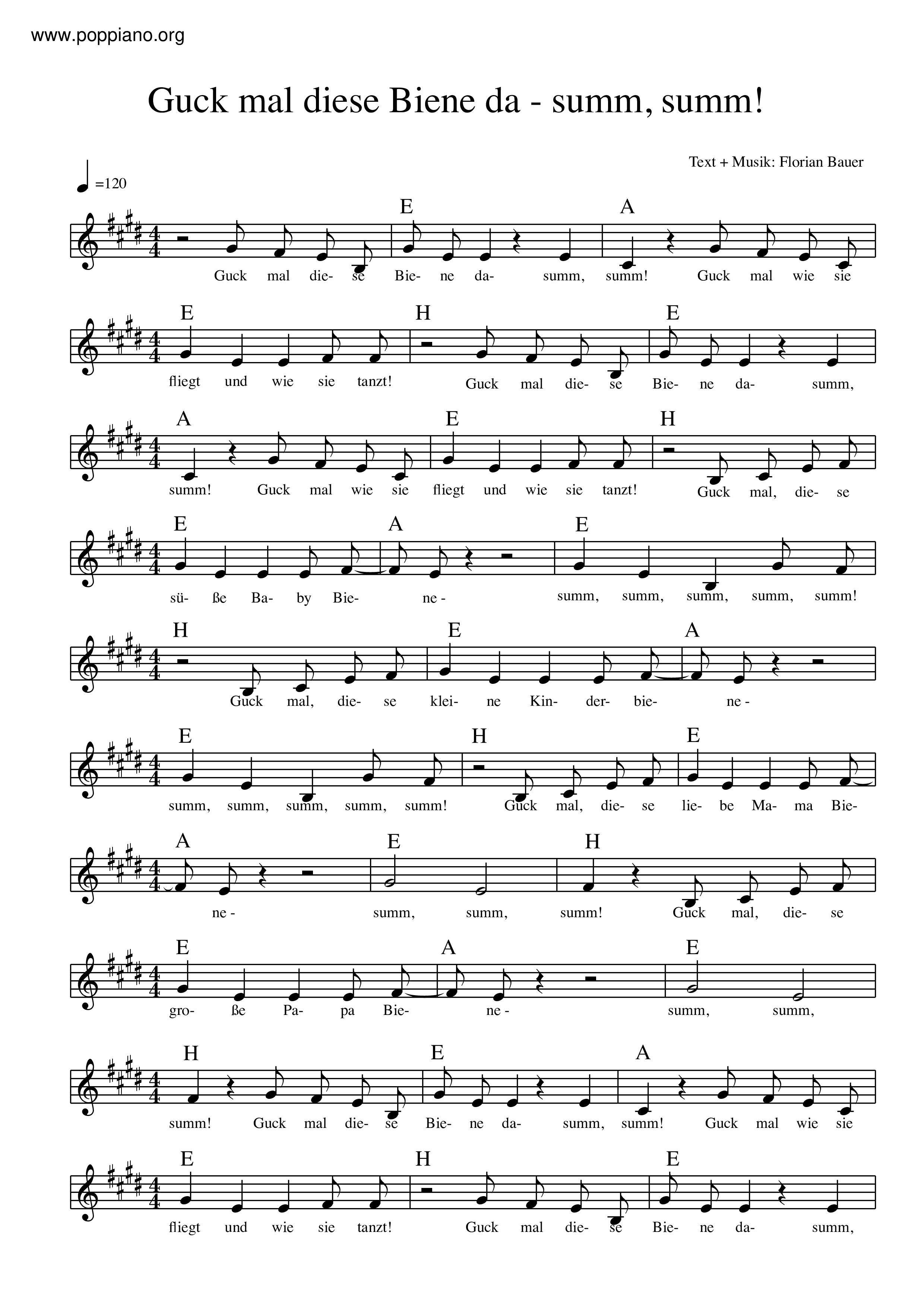 Florian Bauer-Guck Mal Diese Biene Da - summ, summ! 琴譜pdf-香港流行鋼琴協會琴譜下載 ★