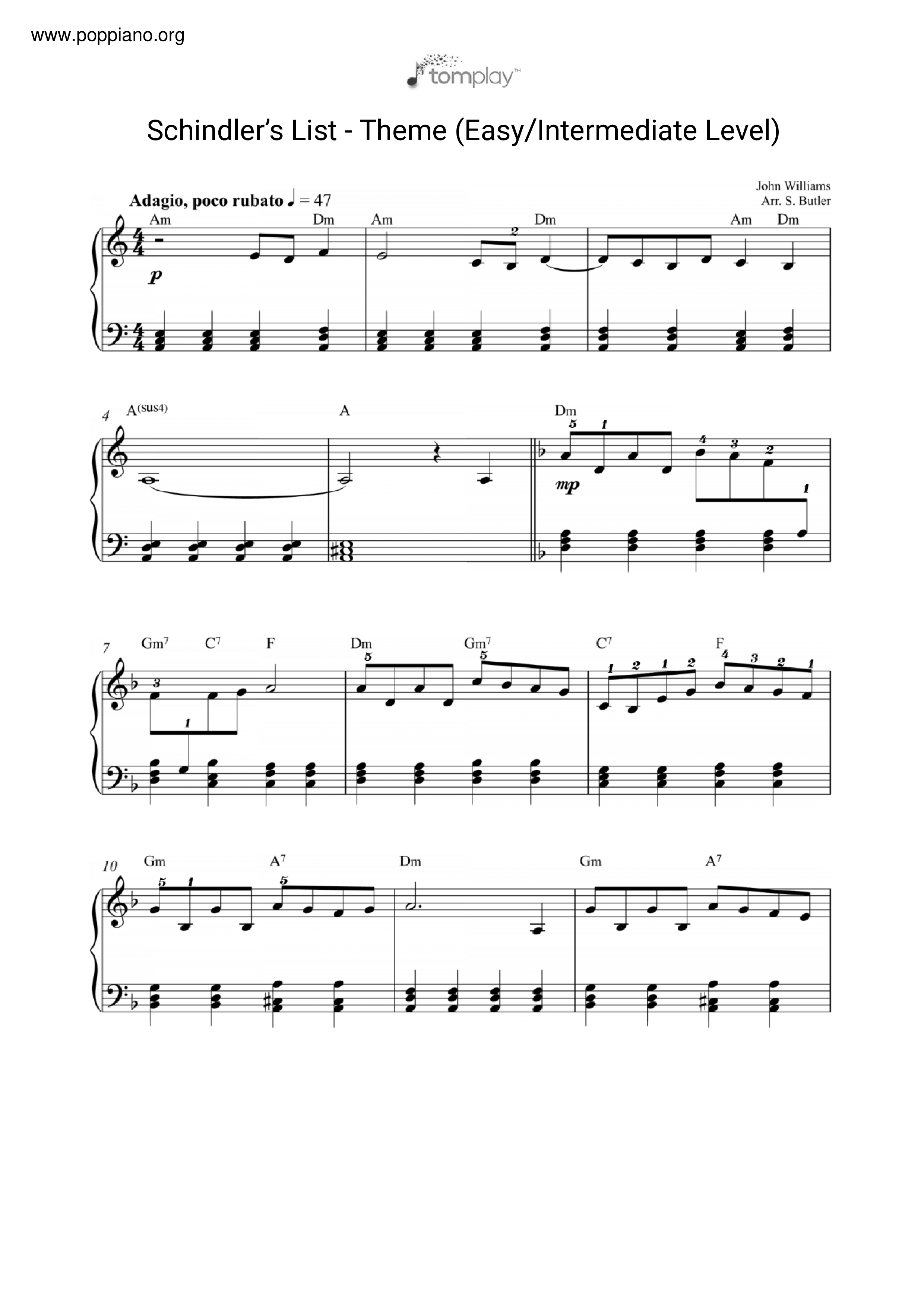 John Williams Theme From Schindlers List Sheet Music Pdf 辛德勒的名單 楽譜