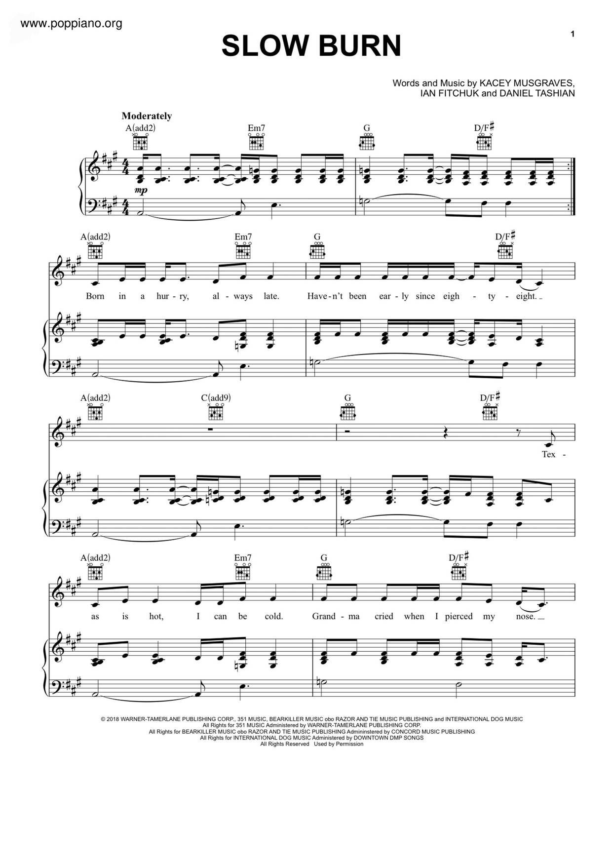 Kacey Musgraves-Slow Burn Sheet Music pdf, - Free Score Download ★