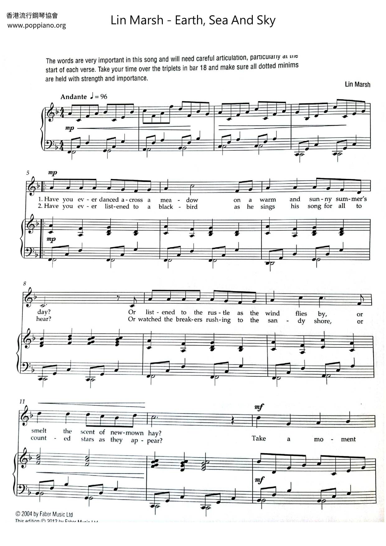 Lin Marsh-Earth, Sea And Sky Sheet Music pdf, - Free Score Download ★