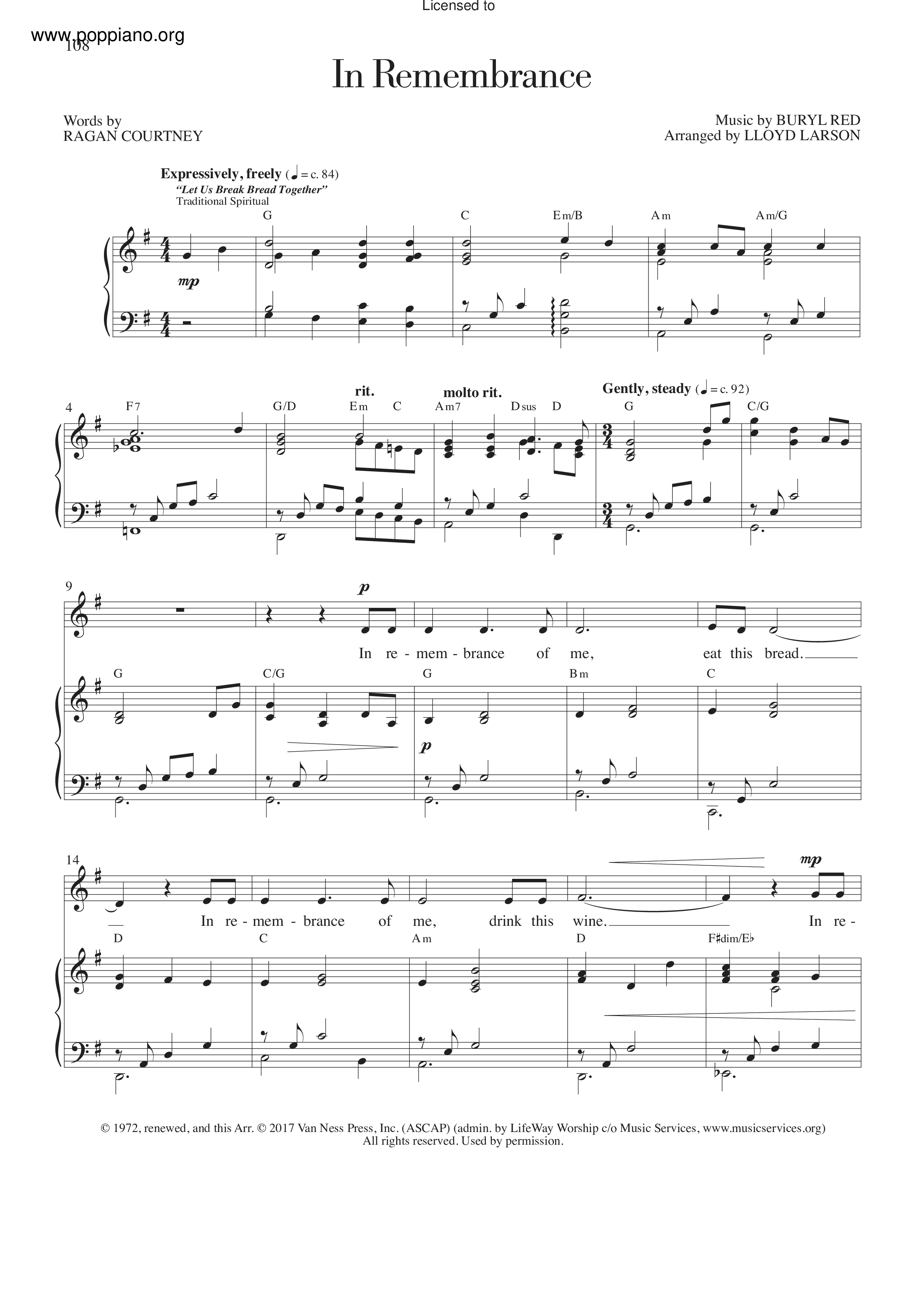 Spiritual-In Remembrance Sheet Music pdf, - Free Score Download ★