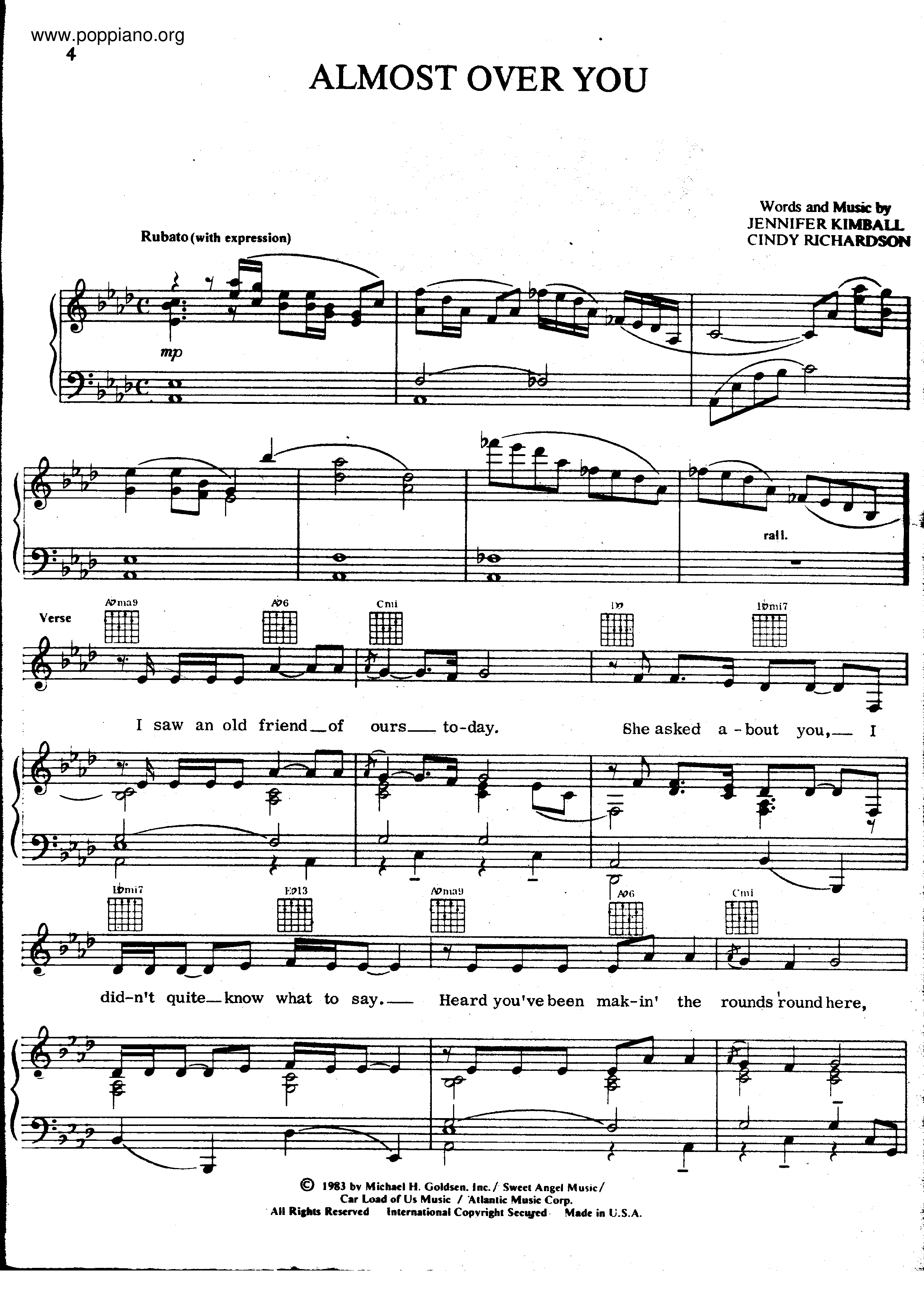 Sheena Easton-Almost Over You 琴谱/五线谱pdf-香港流行钢琴协会琴谱下载 ★