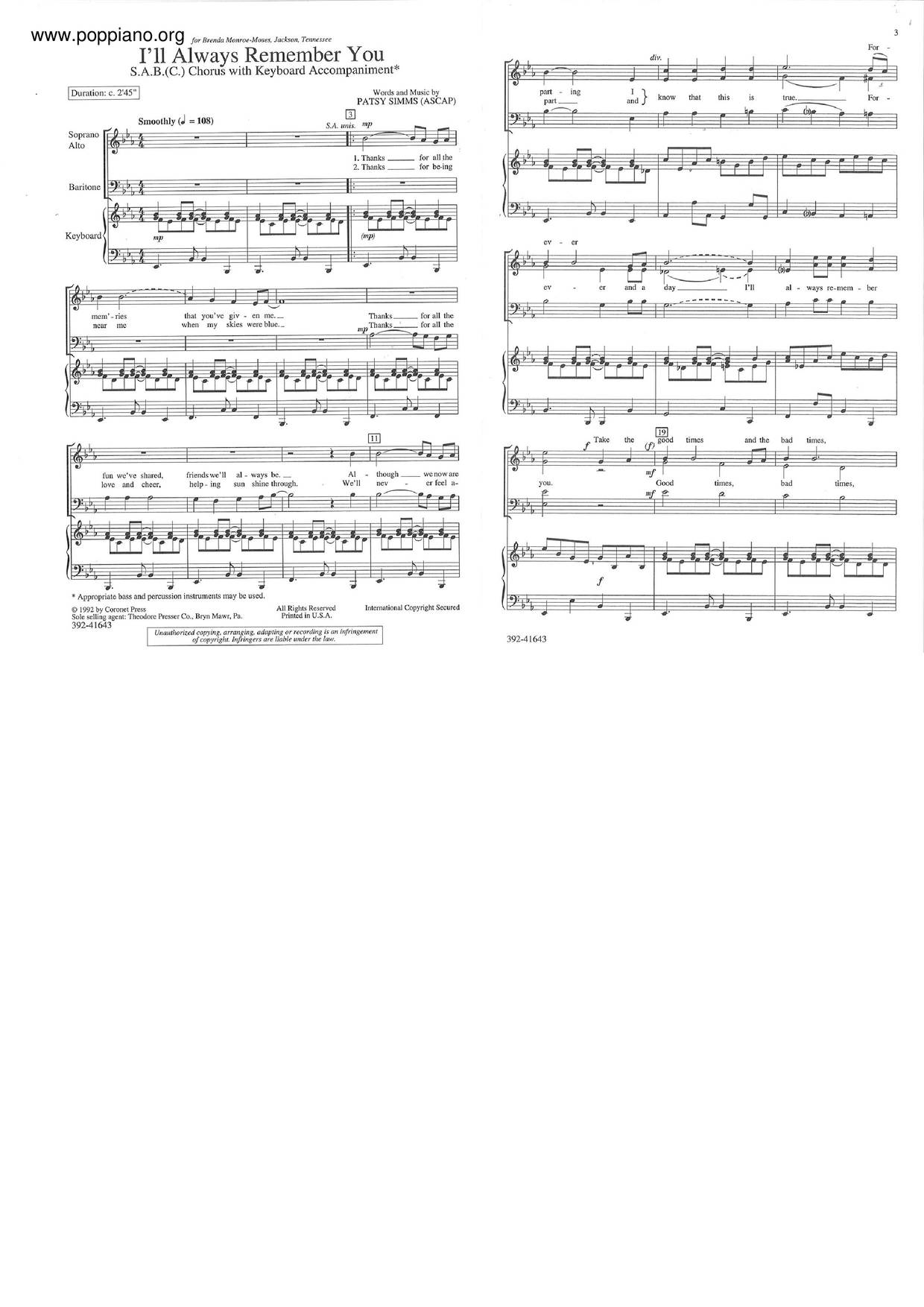 Spiritual-I'll Always Remember You Sheet Music pdf, - Free Score Download ★