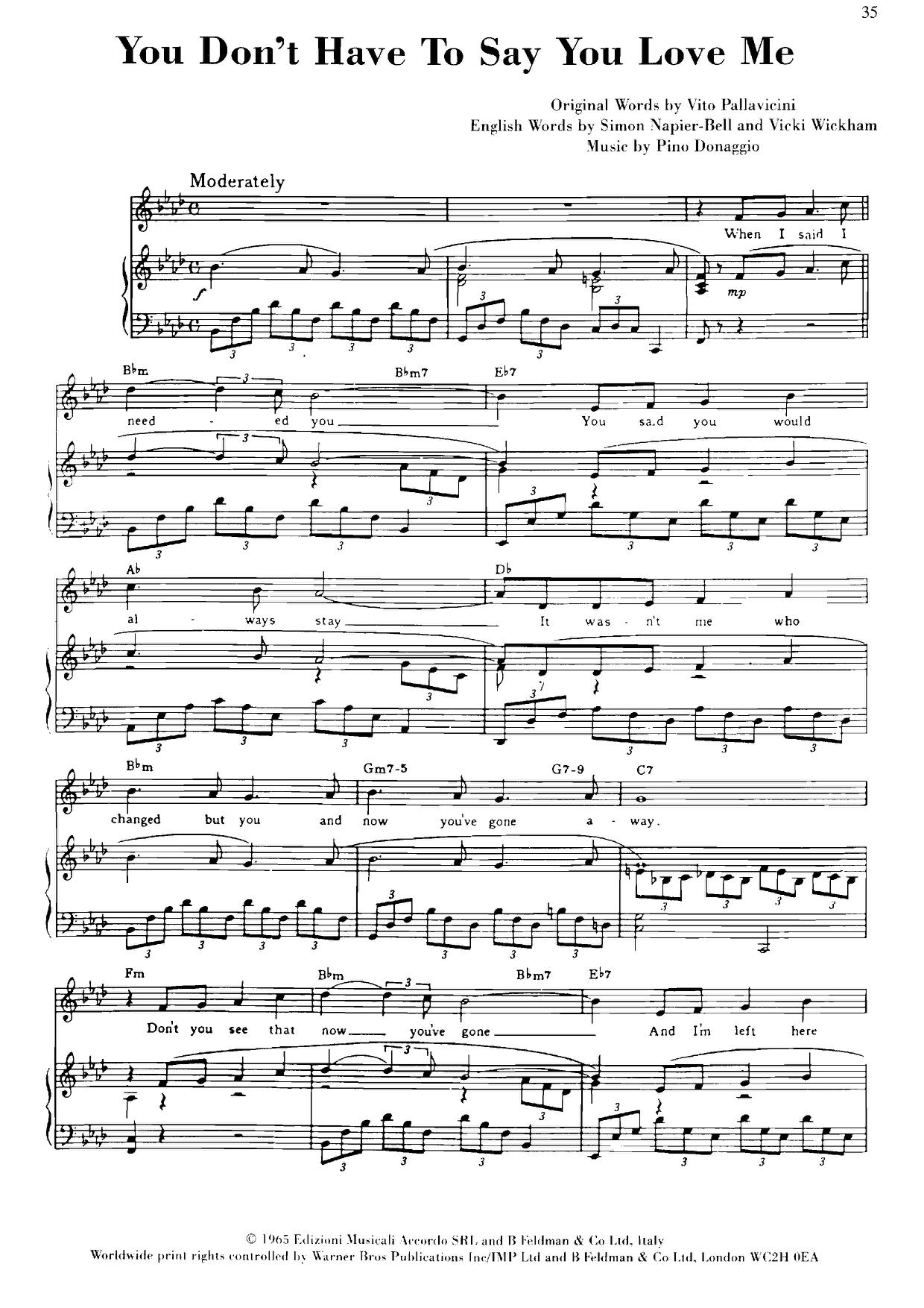 Dusty Springfield You Don t Have To Say You Love Me Sheet Music Pdf