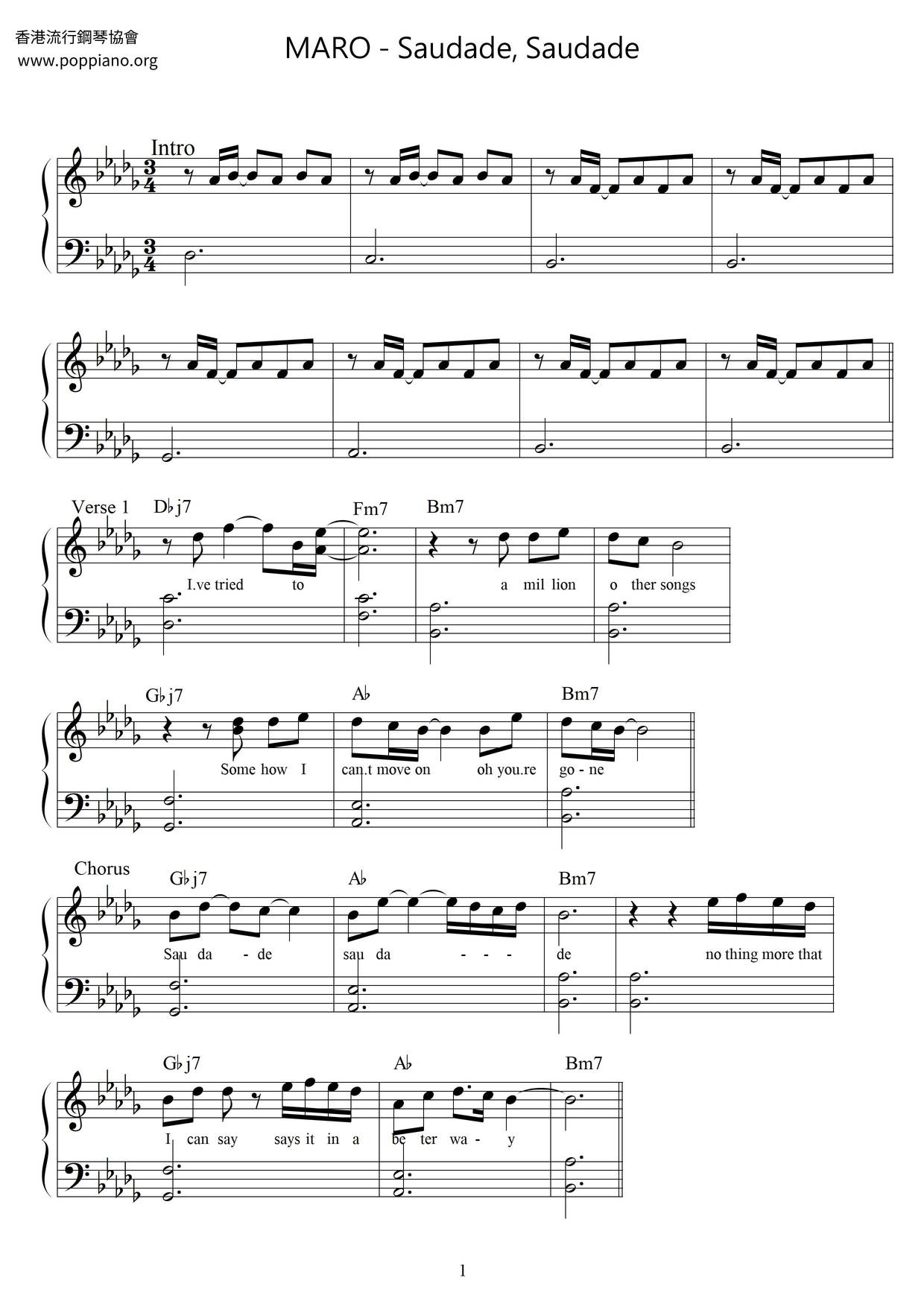 MARO-Saudade, Saudade 琴谱/五线谱pdf-香港流行钢琴协会琴谱下载 ★
