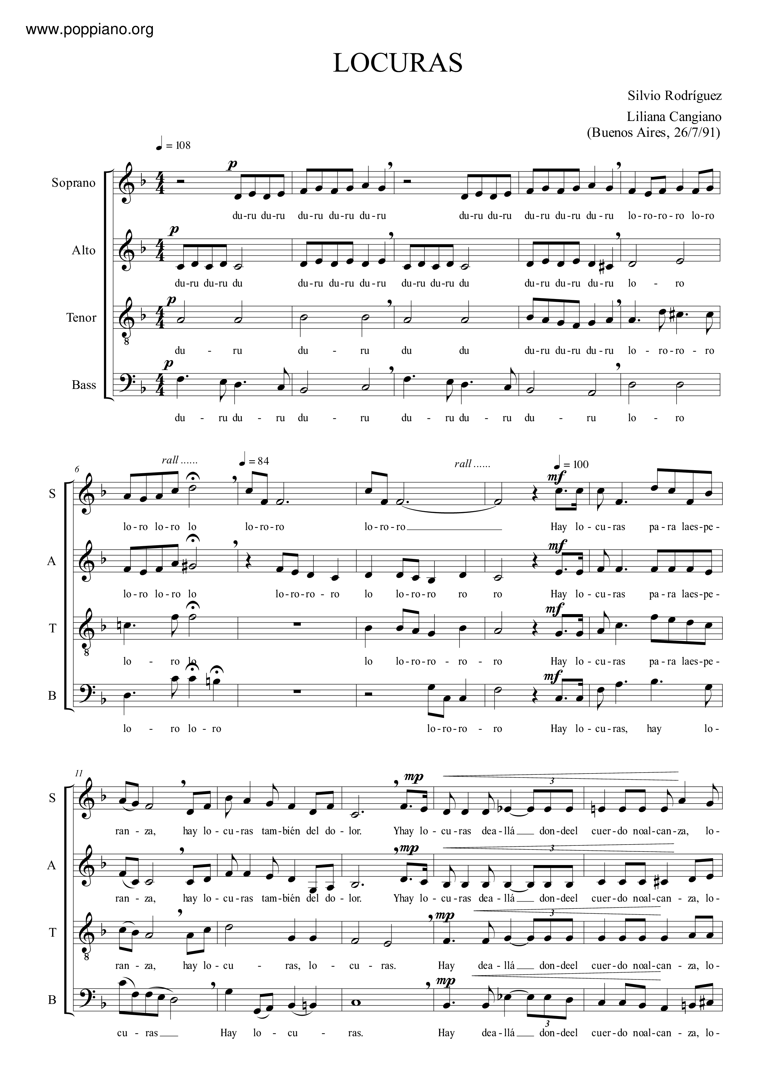 Silvio Rodriguez-Locuras Sheet Music pdf, - Free Score Download ★