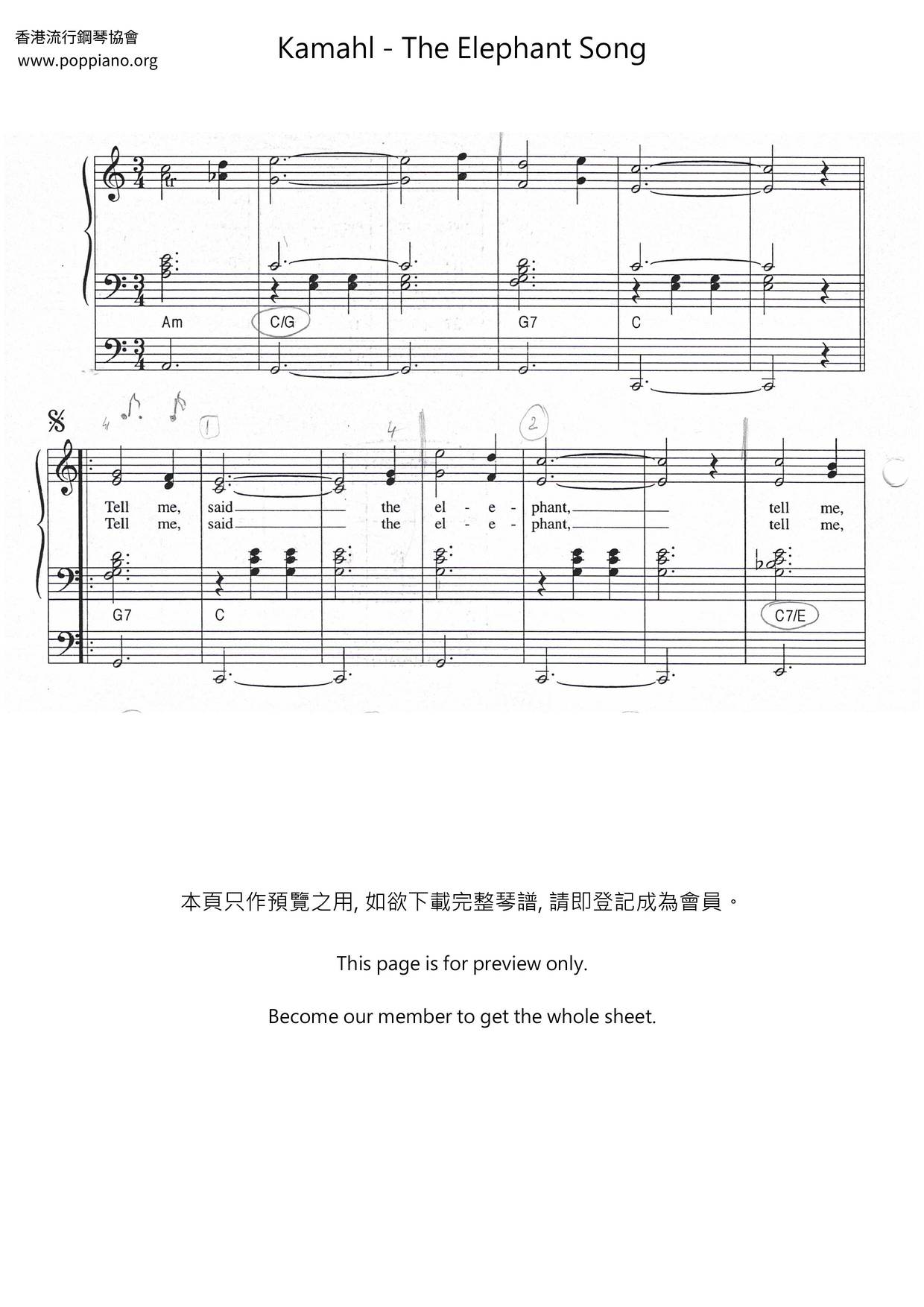 Kamahl-The Elephant Song Sheet Music pdf, - Free Score Download ★