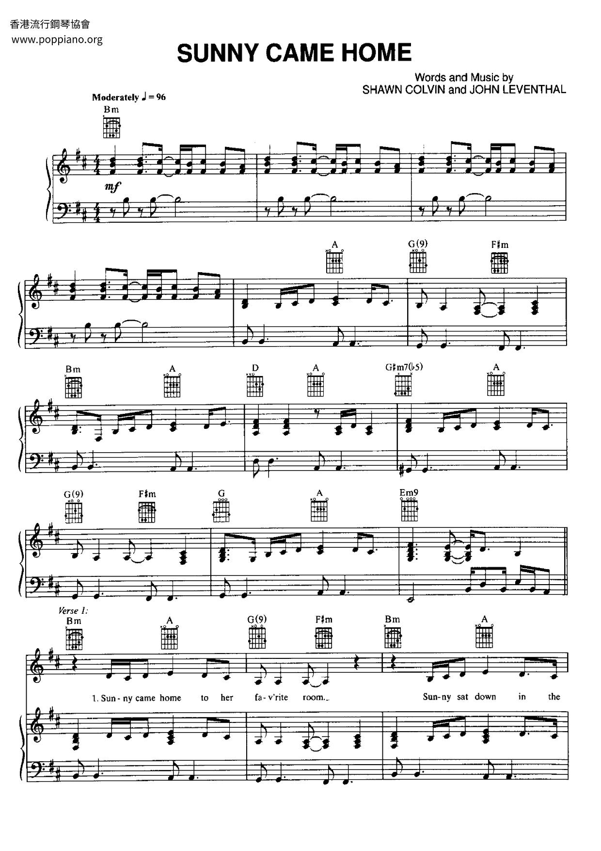 Shawn Colvin-Sunny Came Home 琴譜pdf-香港流行鋼琴協會琴譜下載 ★ Shawn Colvin-Sunny Came Home 琴譜pdf-香港流行鋼琴協會琴譜下載 ★