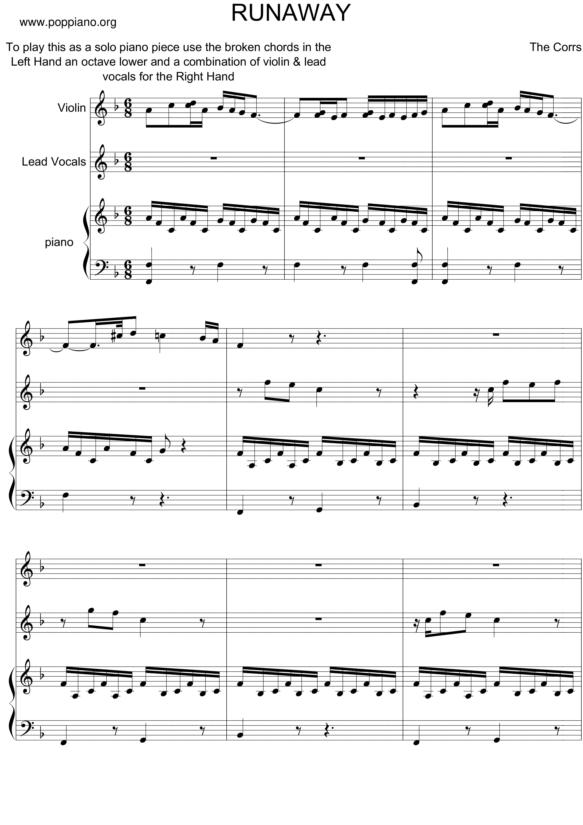 The Corrs Runaway Sheet Music Pdf Free Score Download ★
