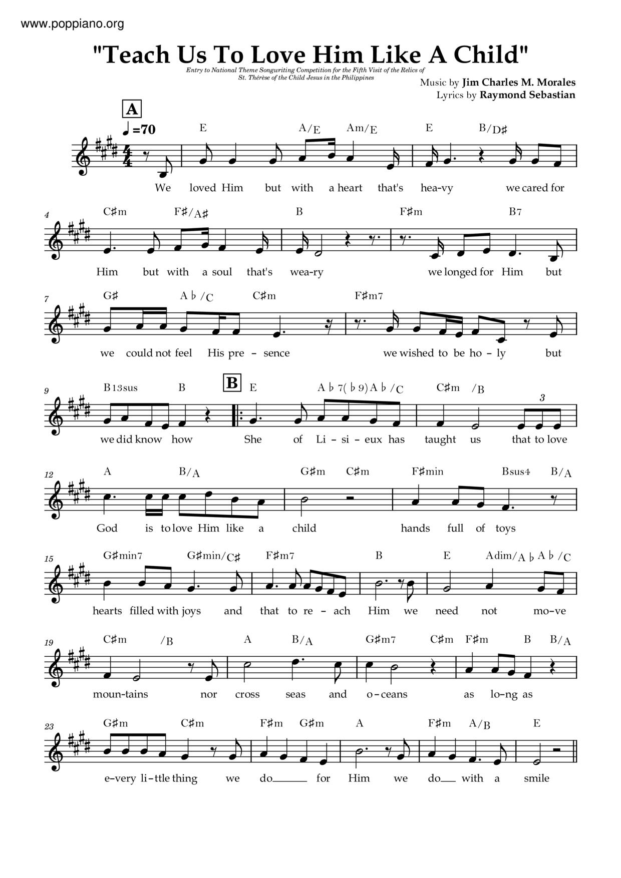 ★ 赞美诗-Teach Us To Love Him Like A Child 琴谱/五线谱pdf-香港流行钢琴协会琴谱下载 ★