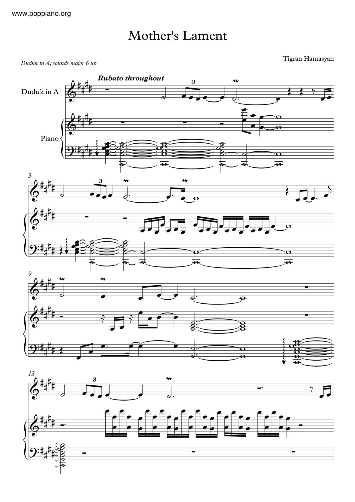 Tigran Hamasyan-Mother's Lament 琴谱/五线谱pdf-香港流行钢琴协会琴谱下载 ★