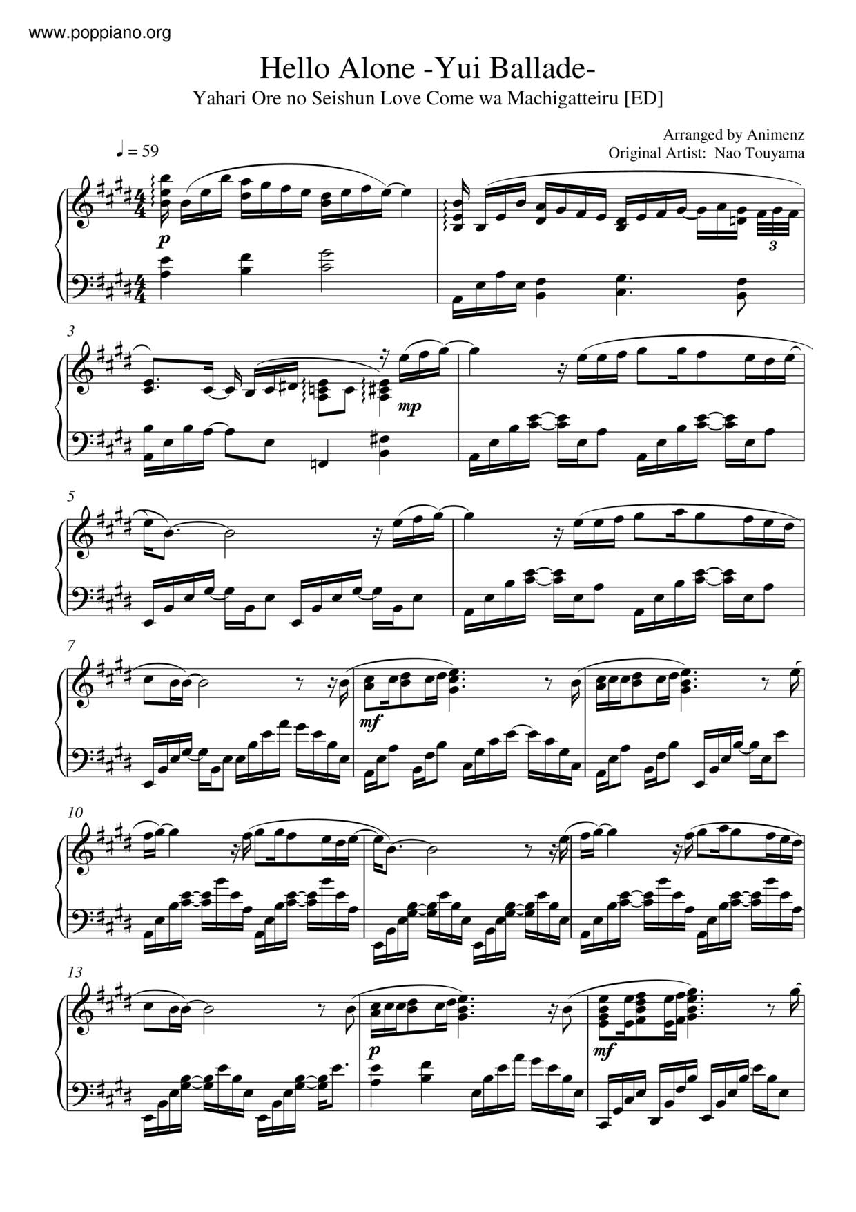 Nao Touyama-Hello Alone Sheet Music pdf, - Free Score Download ★