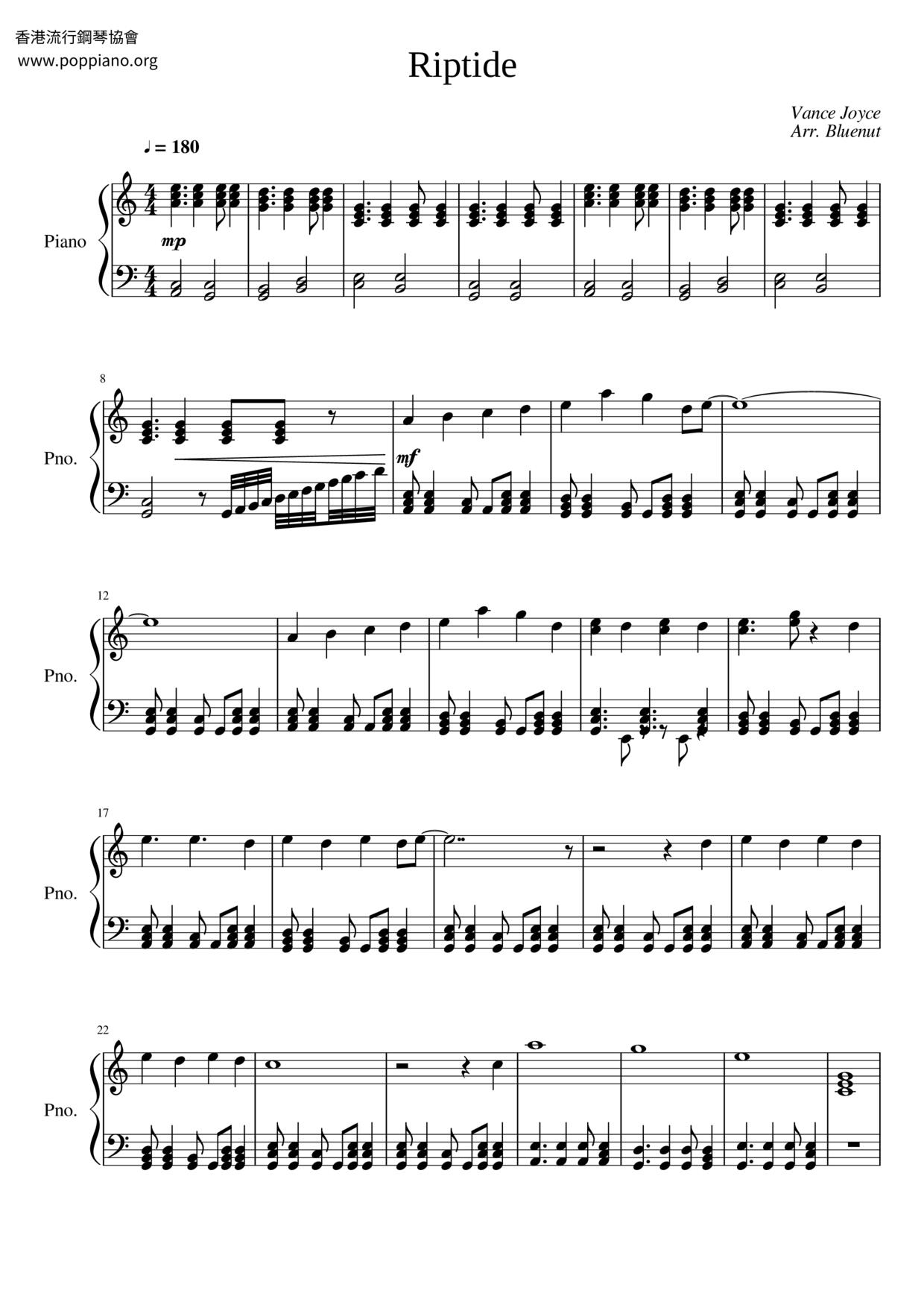 Vance Joy Riptide 琴譜pdf 香港流行鋼琴協會琴譜下載 ★