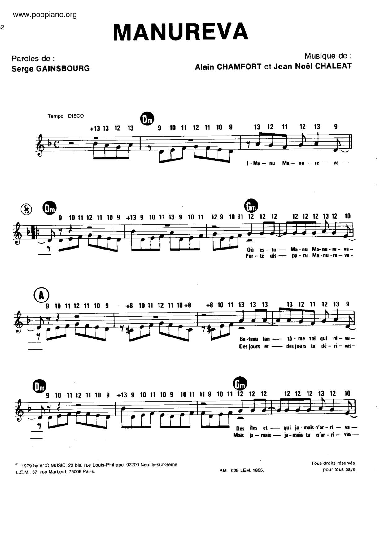 Alain Chamfort-Manureva 琴譜pdf-香港流行鋼琴協會琴譜下載 ★