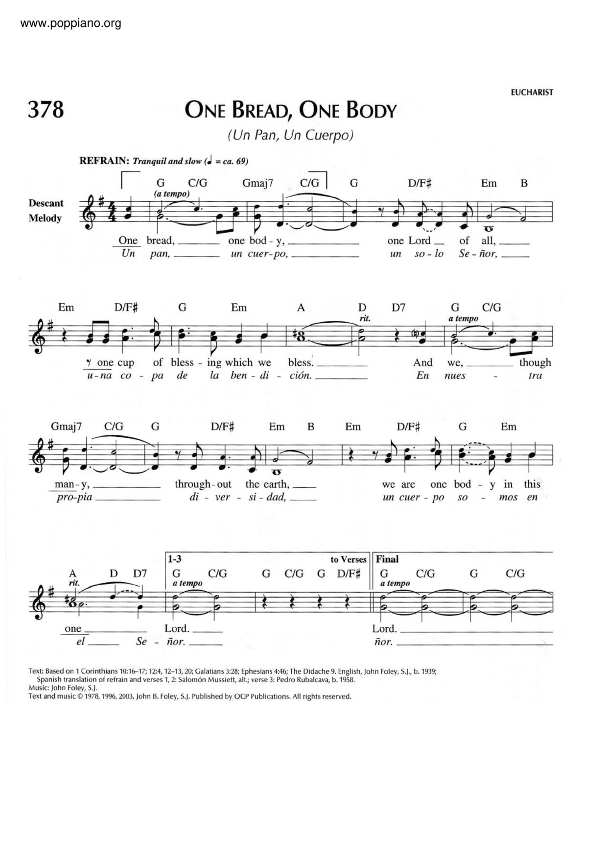 ★ 詩歌-One Bread, One Body 琴譜pdf-香港流行鋼琴協會琴譜下載 ★