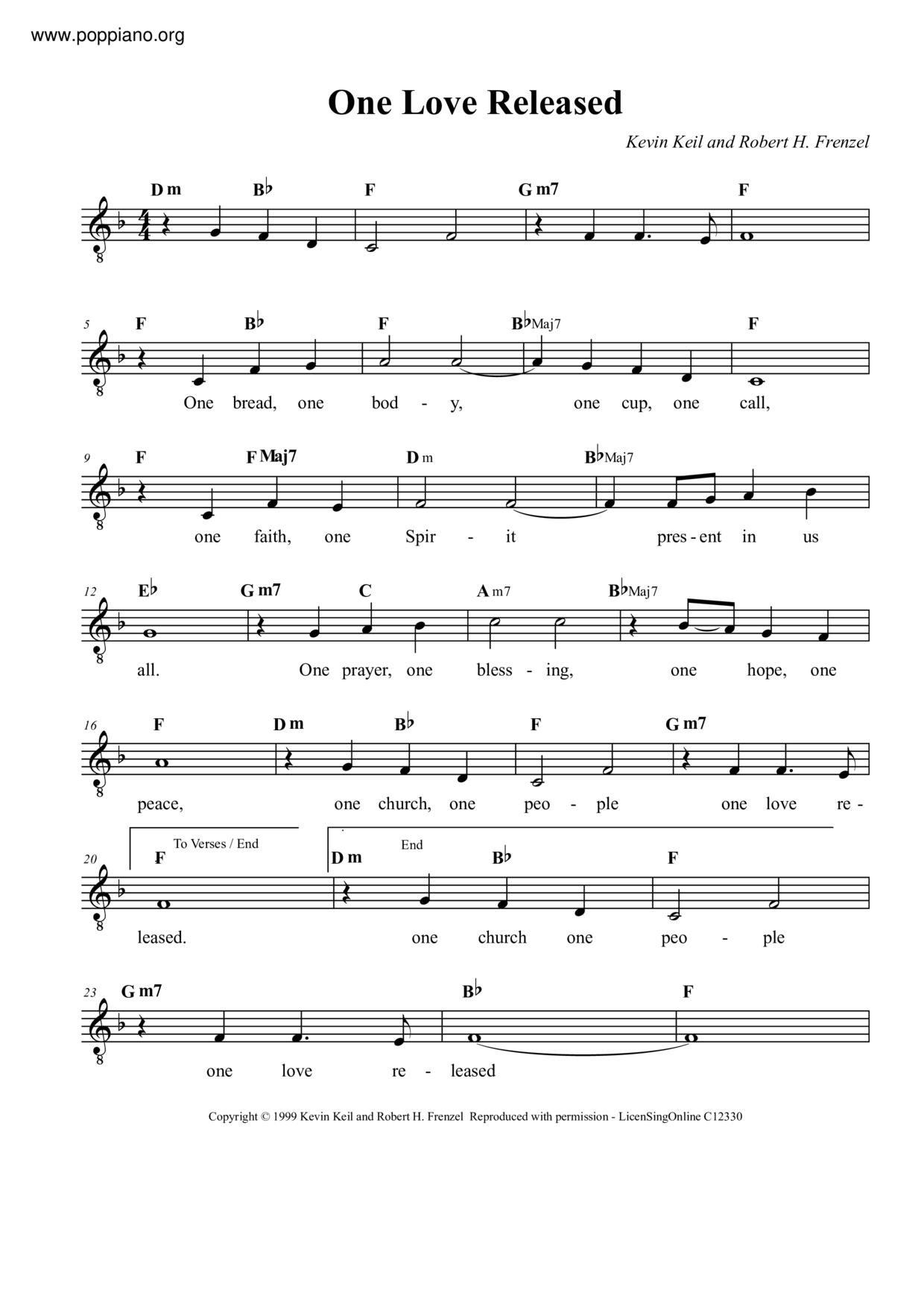 ★詩歌 - One Love Released ピアノ譜pdf- 香港ポップピアノ協会 無料PDF楽譜ダウンロード gakufu