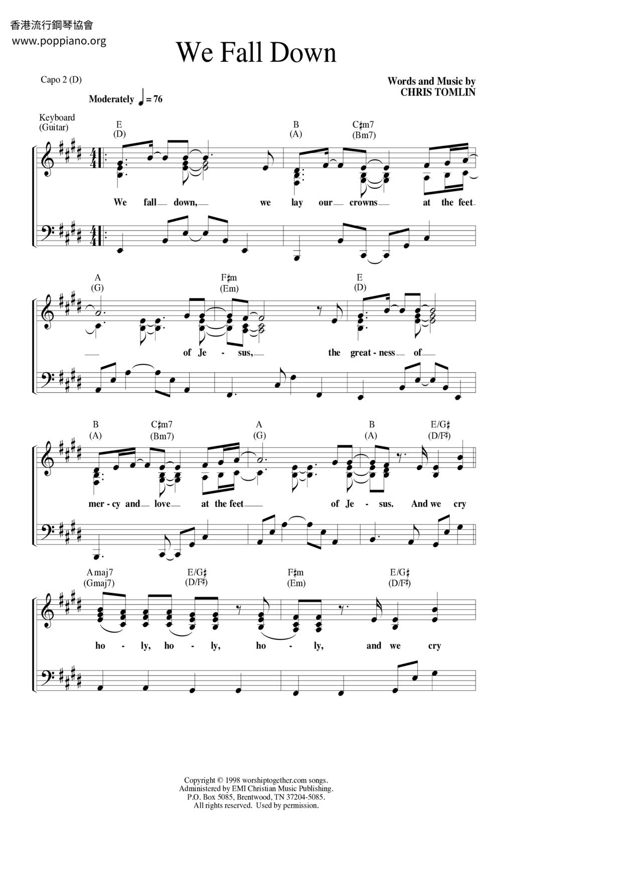 ★詩歌 - We Fall Down ピアノ譜pdf- 香港ポップピアノ協会 無料PDF楽譜ダウンロード gakufu