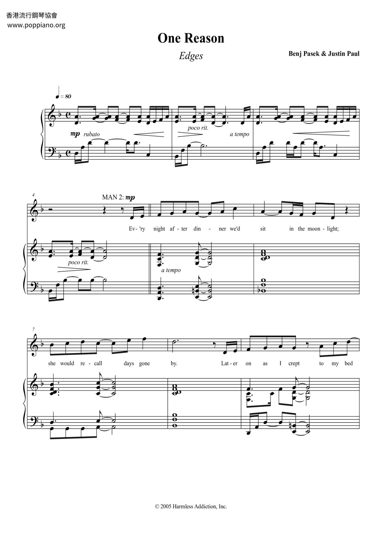 Pasek And Paul-Edges - One Reason 琴譜pdf-香港流行鋼琴協會琴譜下載 ★