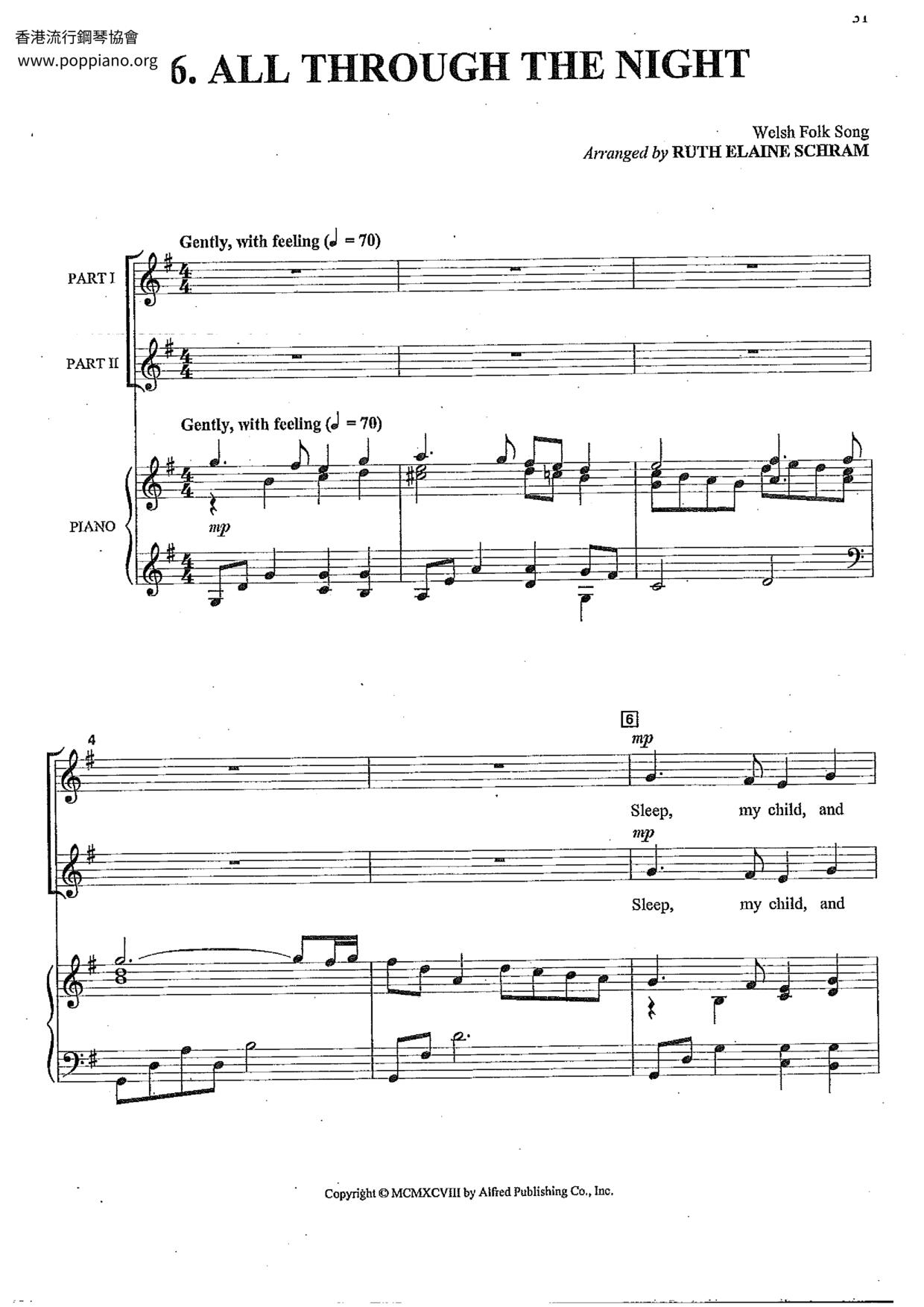 Welsh Lullaby All Through The Night 琴谱 五线谱pdf 香港流行钢琴协会琴谱下载 ★