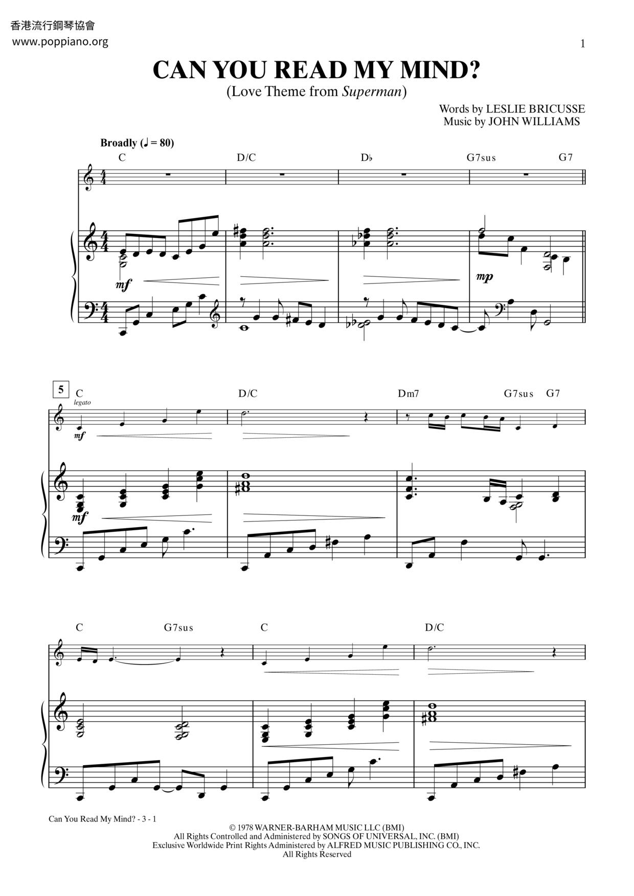 Carl Davis-Superman - Can You Read My Mind? 琴譜pdf-香港流行鋼琴協會琴譜下載 ★