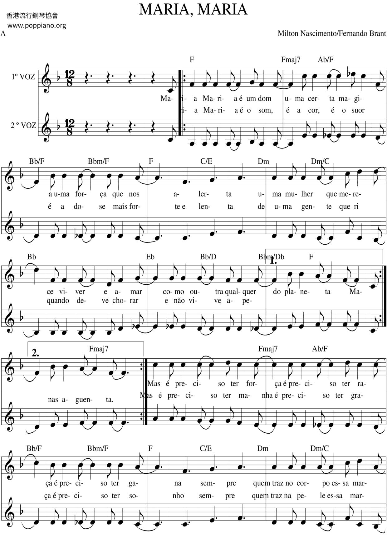 Milton Nascimento-Maria Maria 琴譜pdf-香港流行鋼琴協會琴譜下載 ★