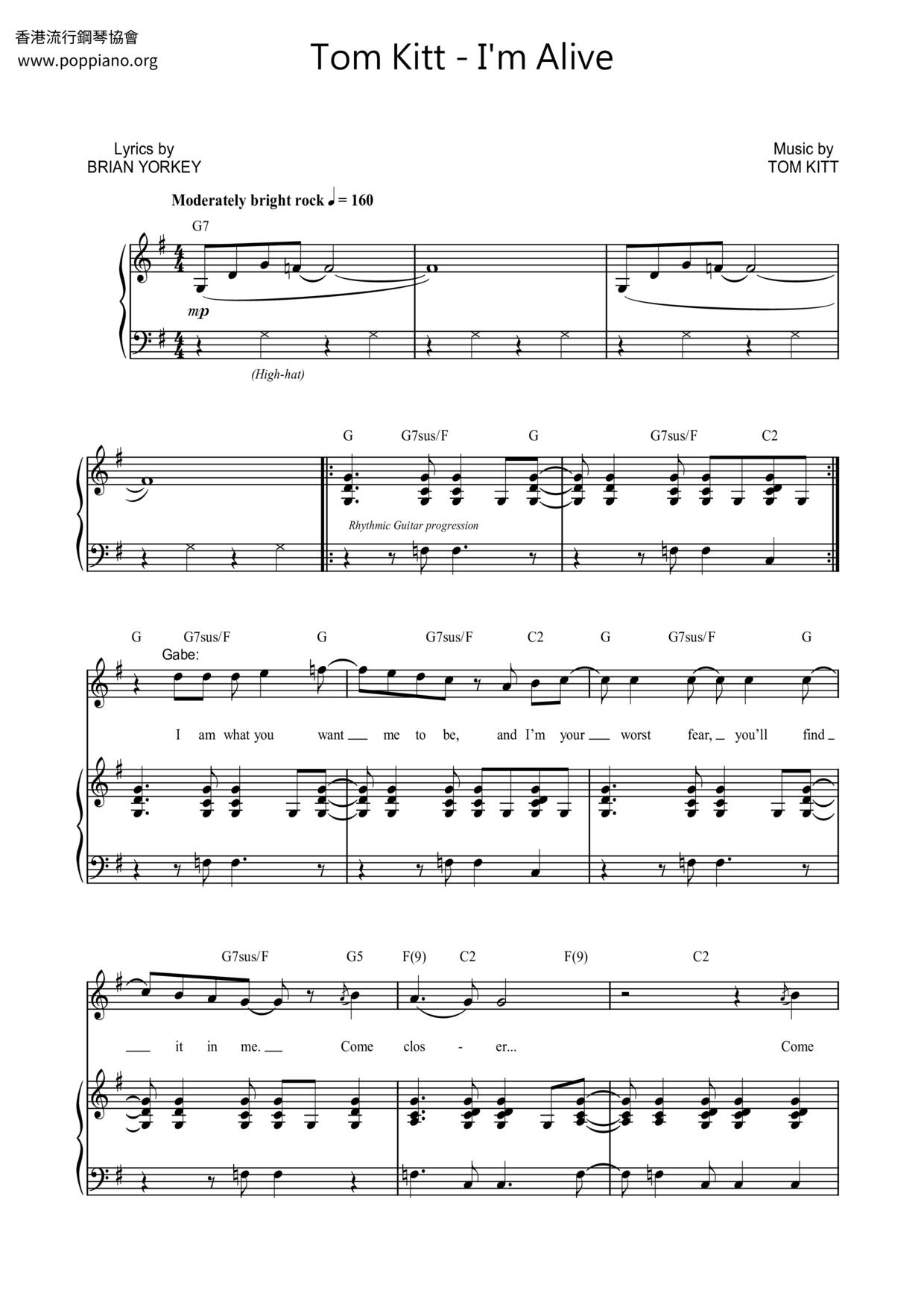 Tom Kitt-I'm Alive 琴譜pdf-香港流行鋼琴協會琴譜下載 ★