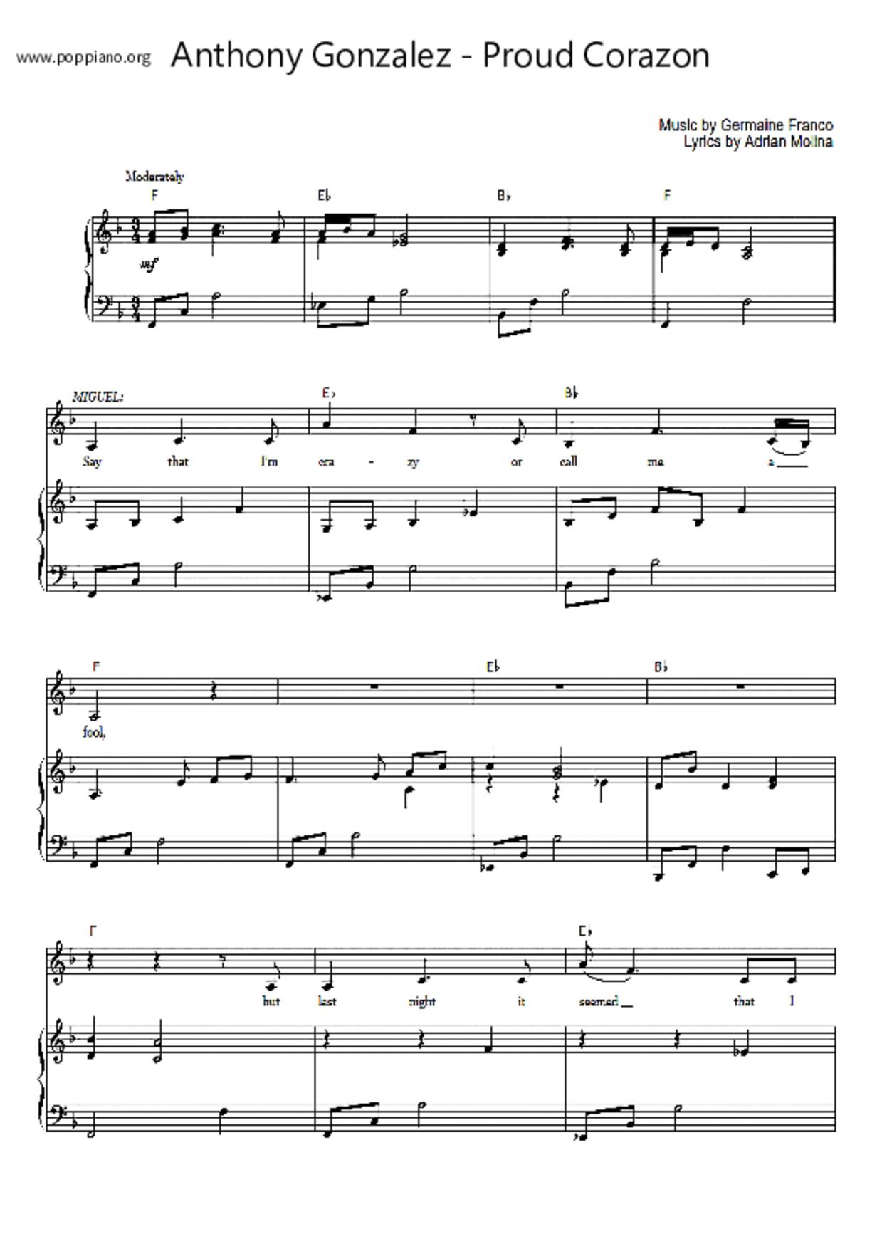 Anthony Gonzalez-Coco - Proud Corazon Sheet Music pdf, -リメンバー・ミー - 誇り高き ...